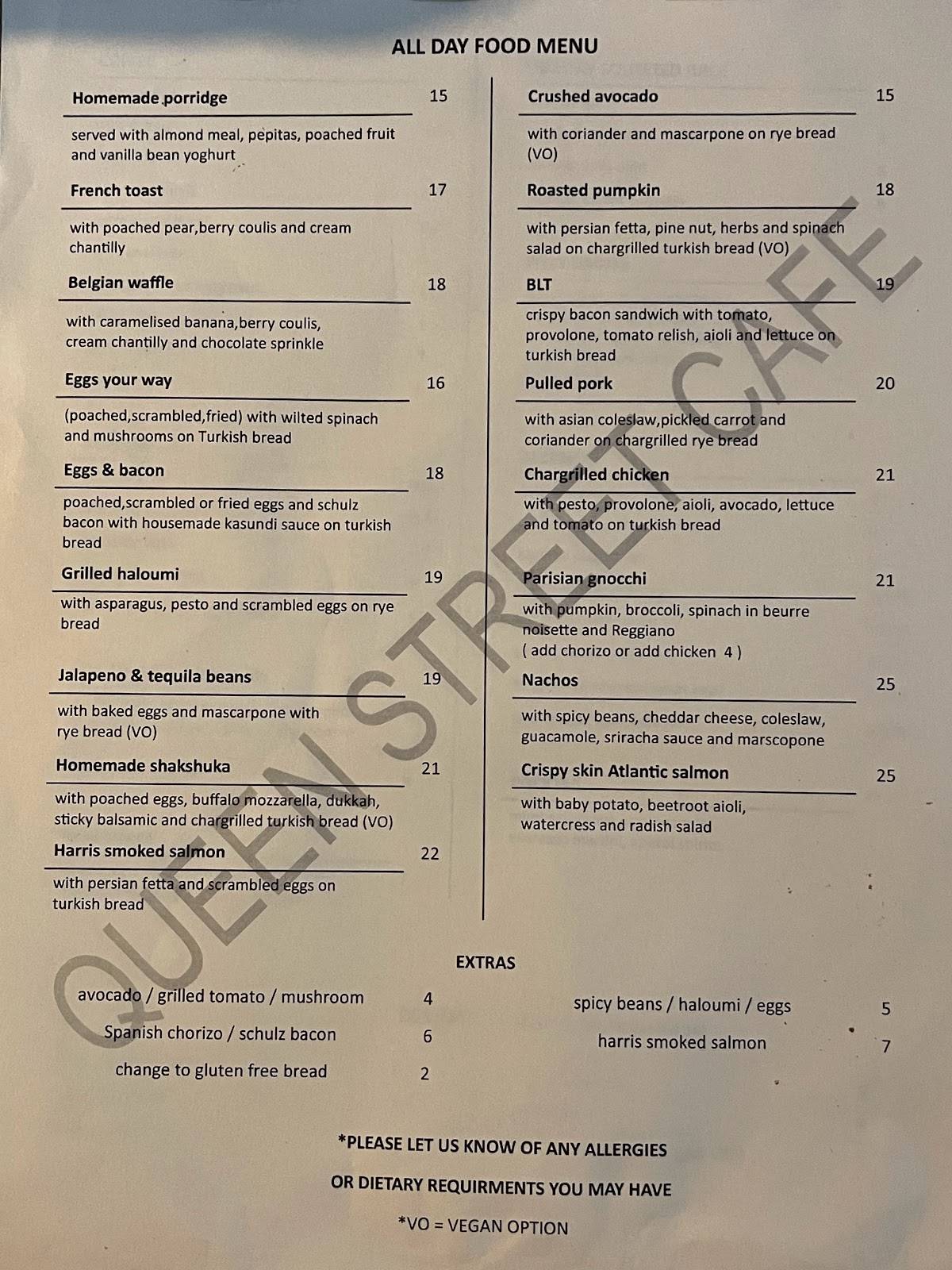 Menu at Queen Street cafe., Croydon