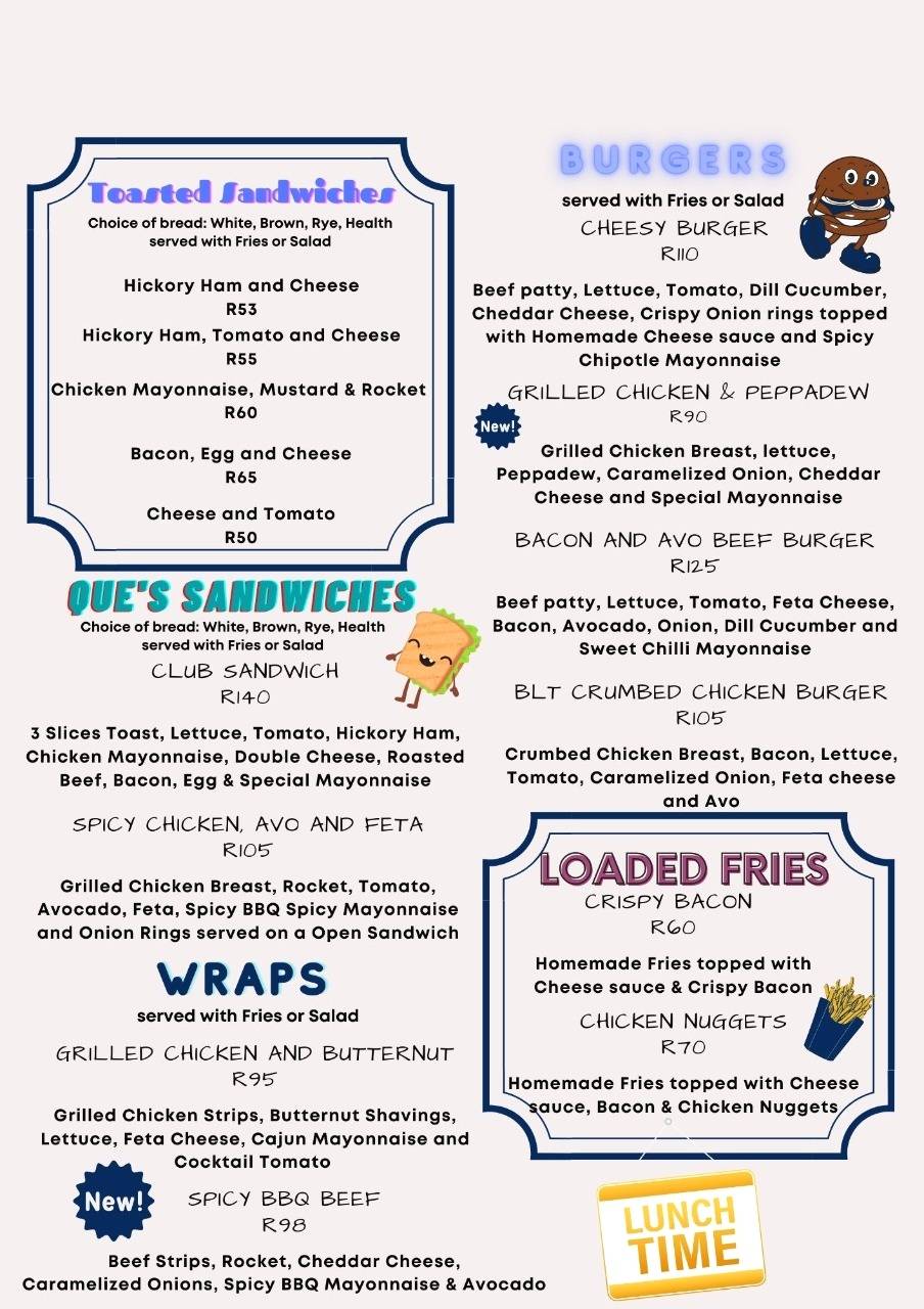 Menu at Que's Cafè restaurant, Nelspruit