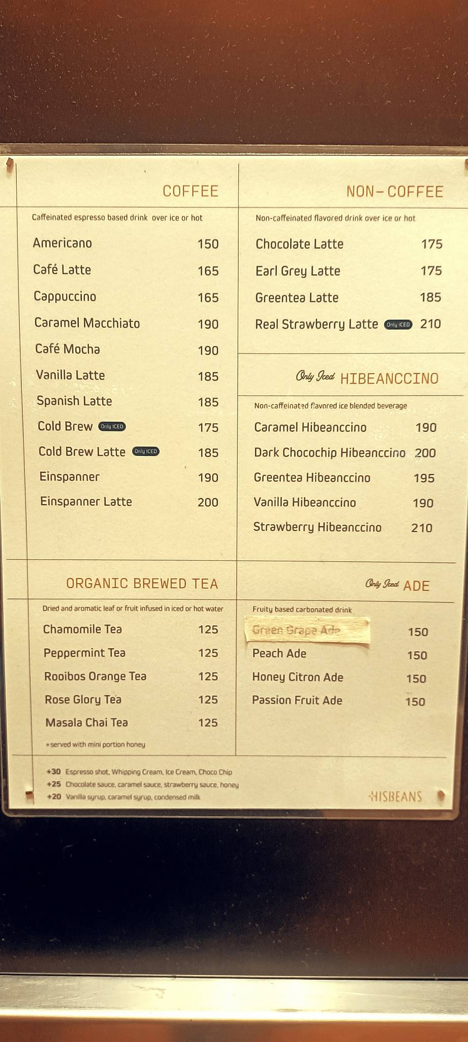 Carta de Hisbeans Cafe Philippines, Ciudad Quezon
