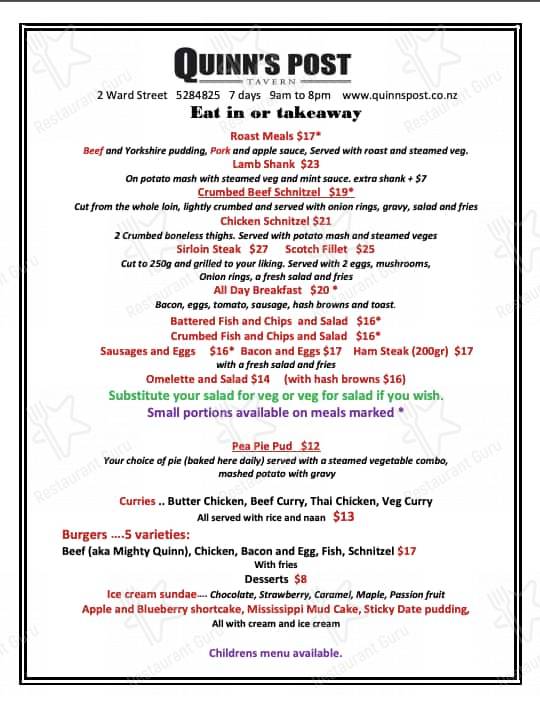 Menu at Quinns Post restaurant, Upper Hutt