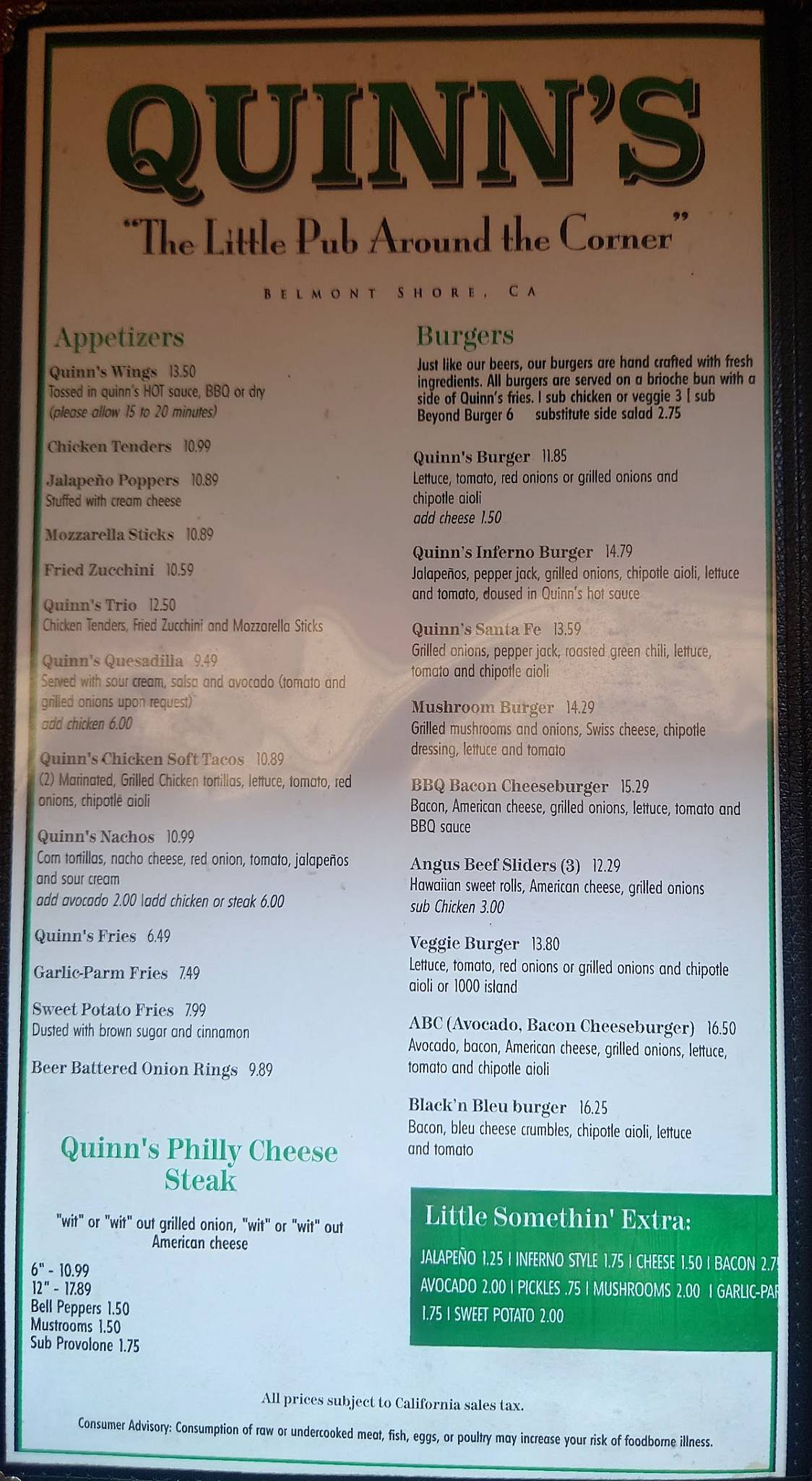 Menu at Quinn's Pub & Grill, Long Beach