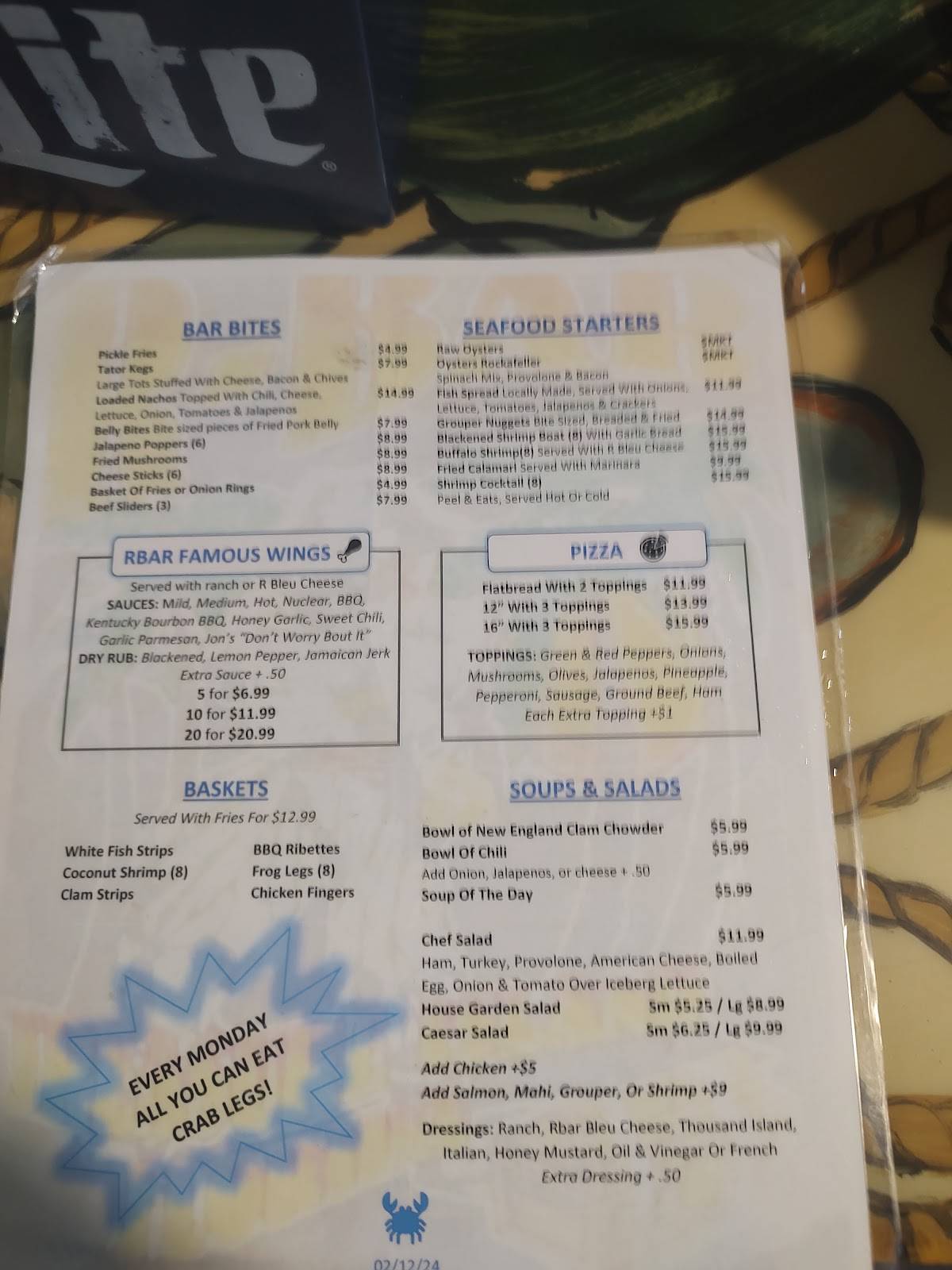 Menu at R Bar, Treasure Island