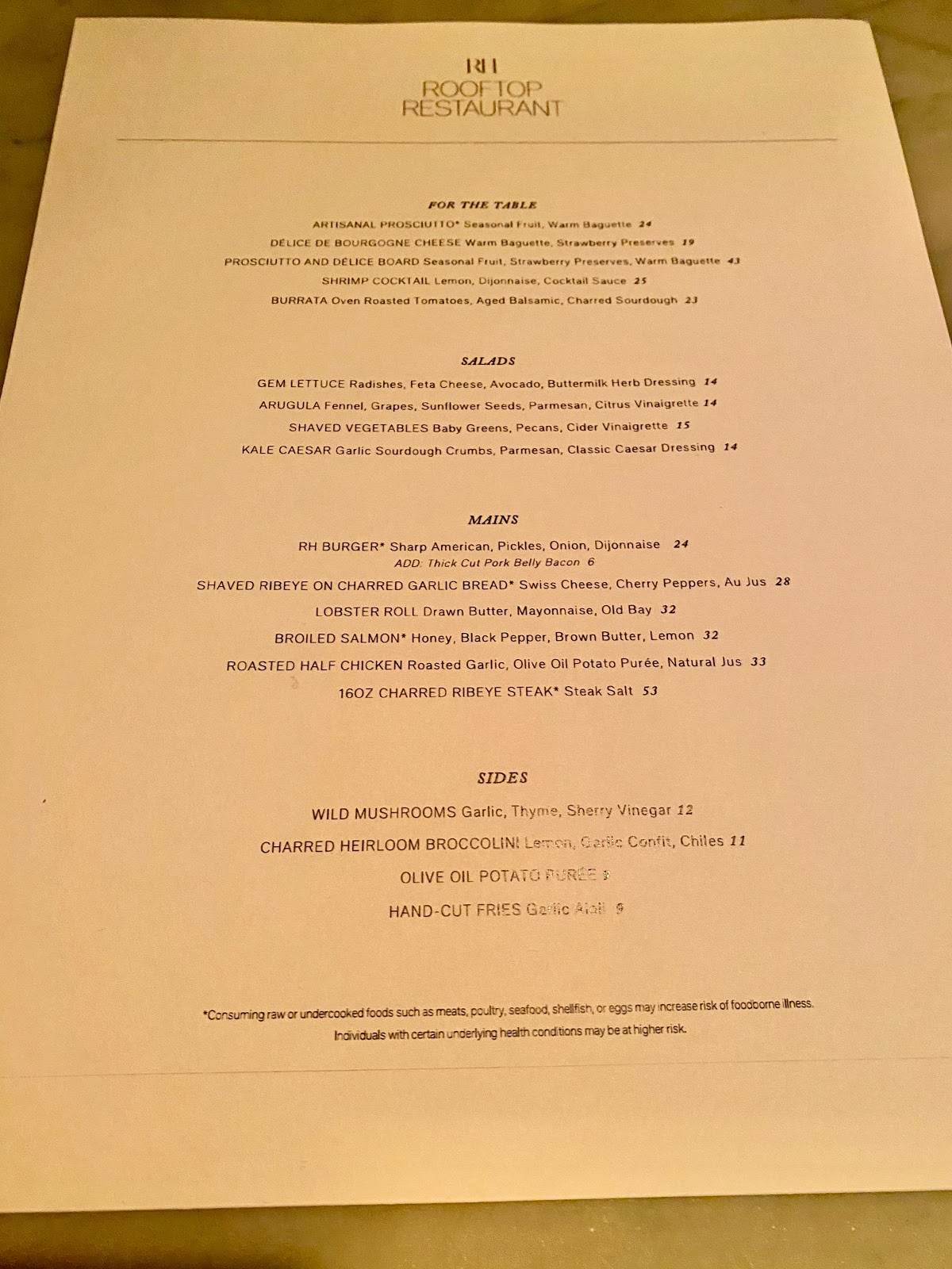 Menu at RH Rooftop Restaurant New York, New York City