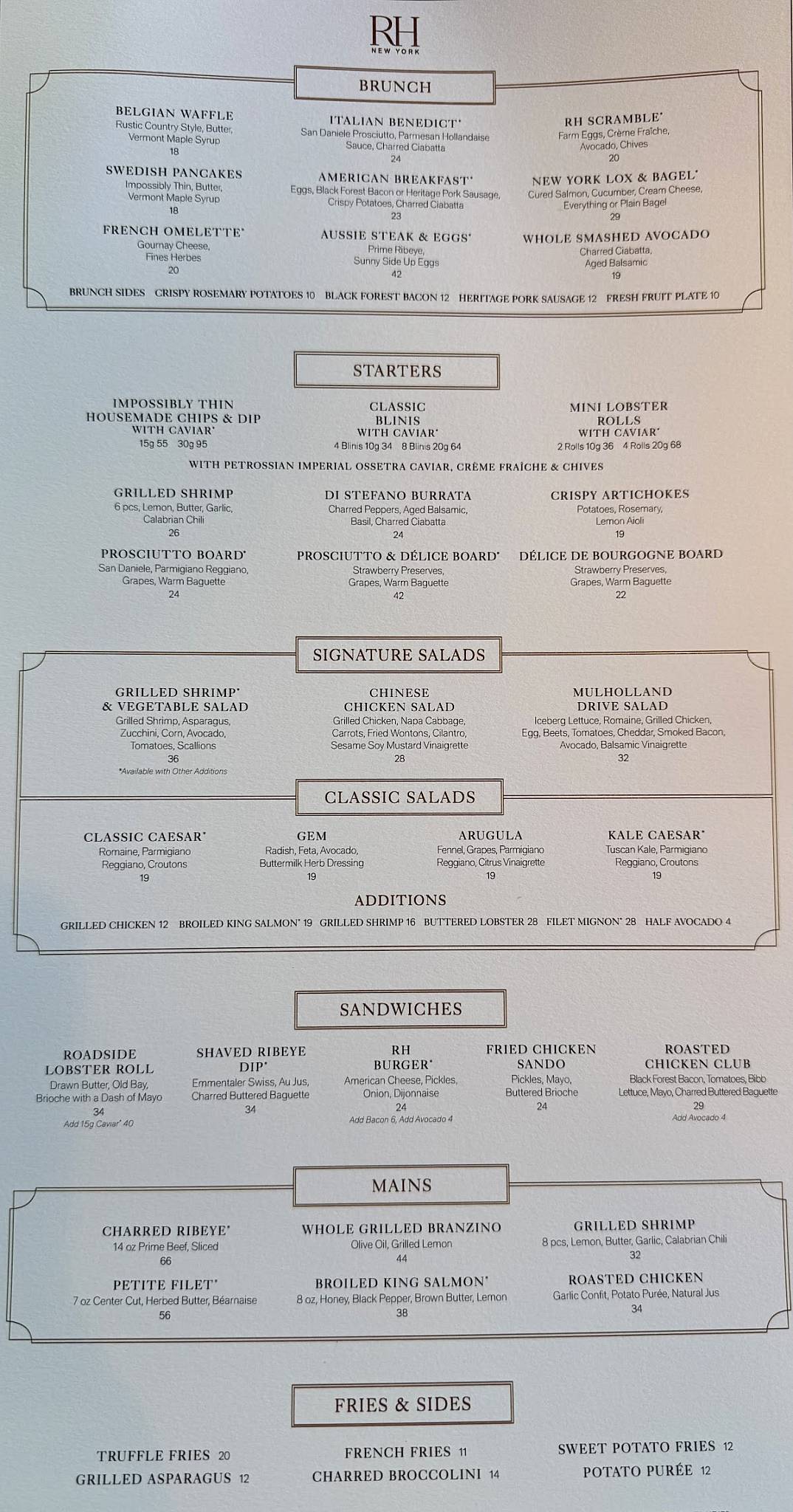 Menu at RH Rooftop Restaurant at RH New York, New York City