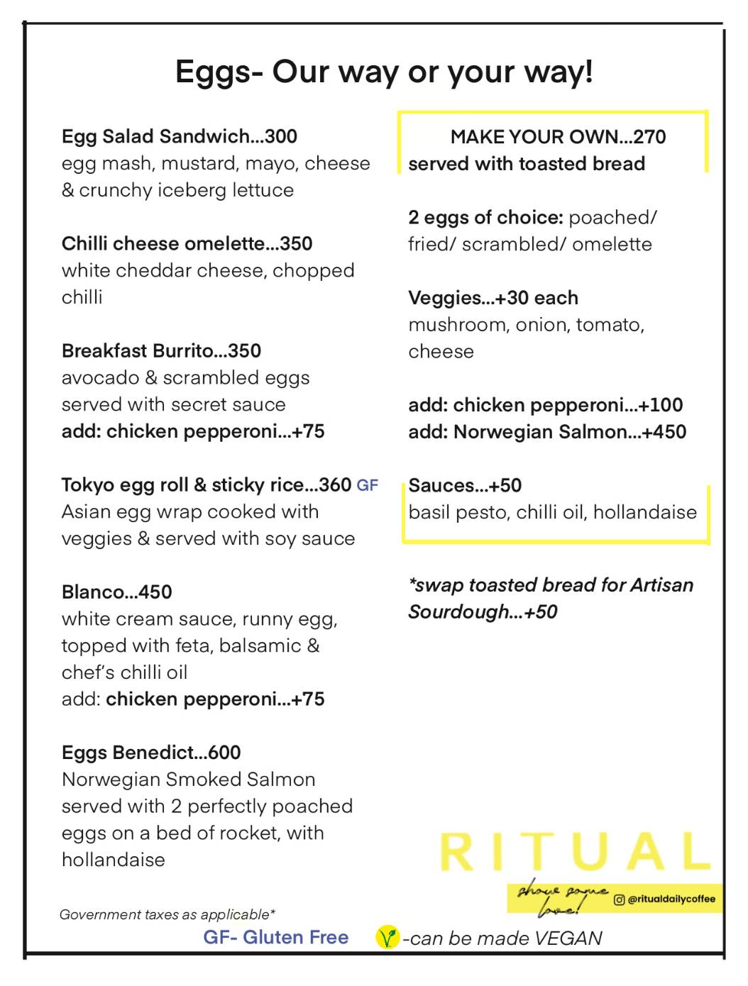 Menu at RITUAL daily coffee, Mumbai