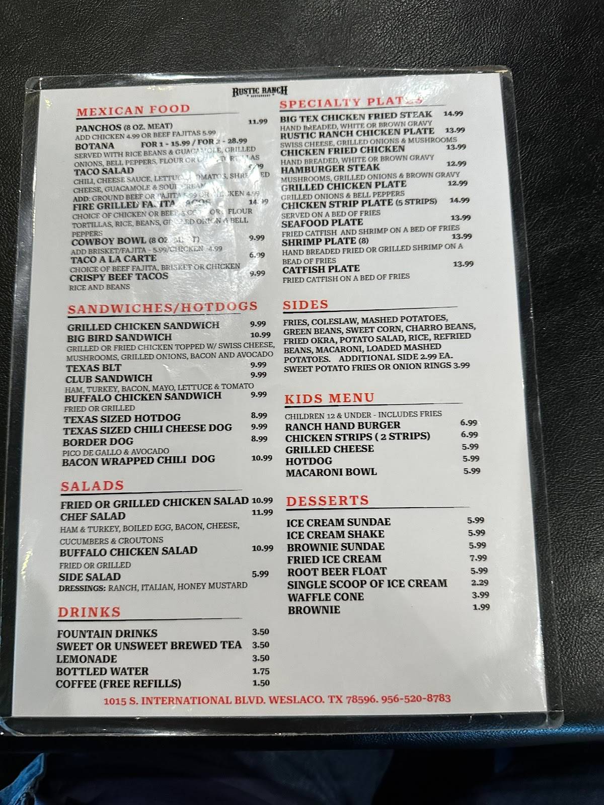 Menu at RUSTIC RANCH RESTAURANT, Weslaco