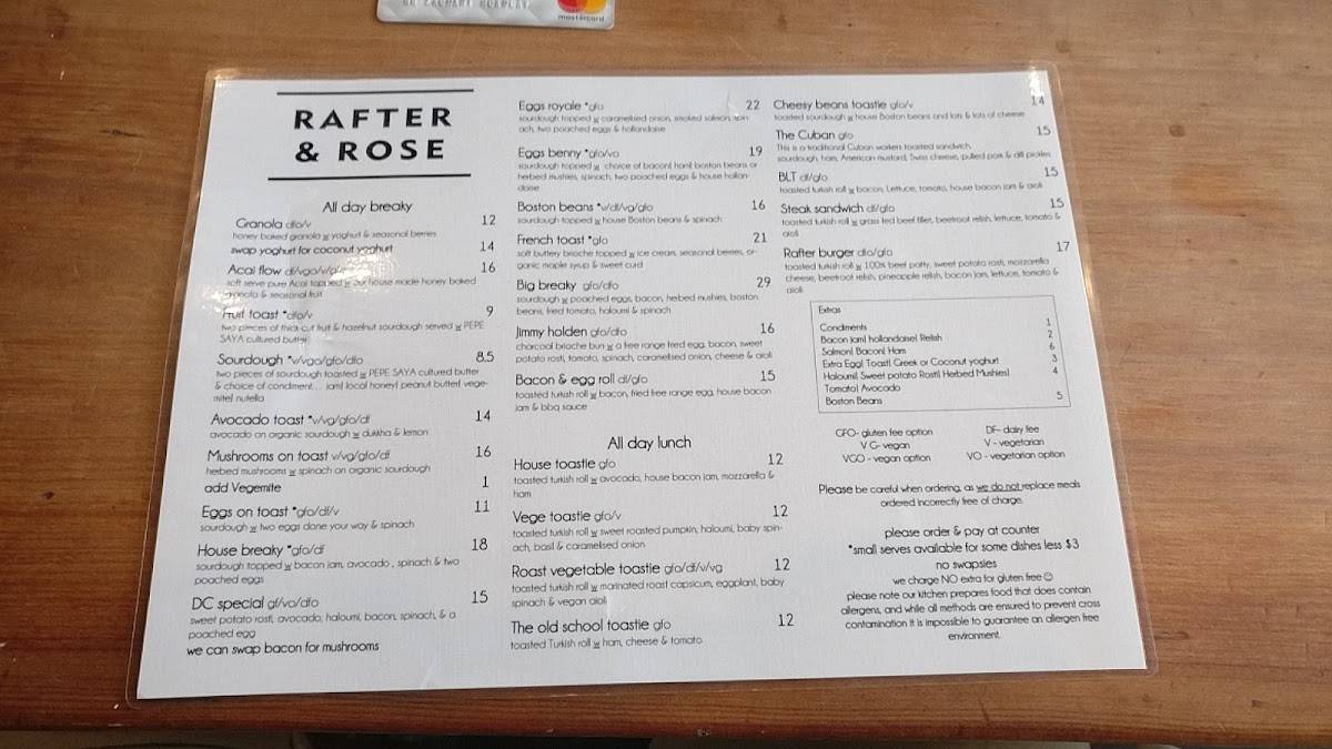 Menu at Rafter & Rose restaurant, Ipswich
