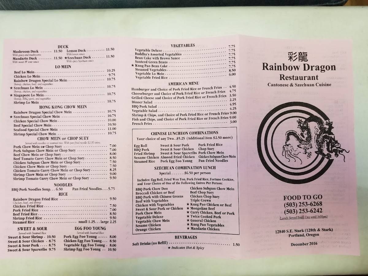 Menu at Rainbow Dragon Restaurant, Portland
