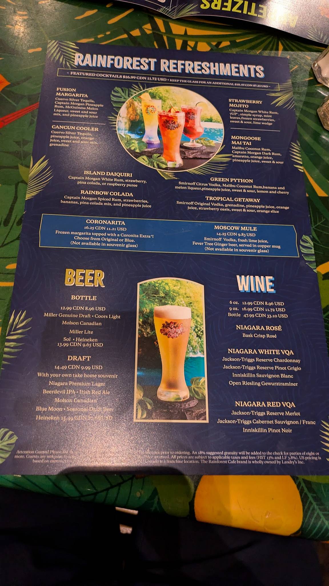 Menu at Rainforest Cafe Niagara Falls Canada, Niagara Falls, Clifton Hill