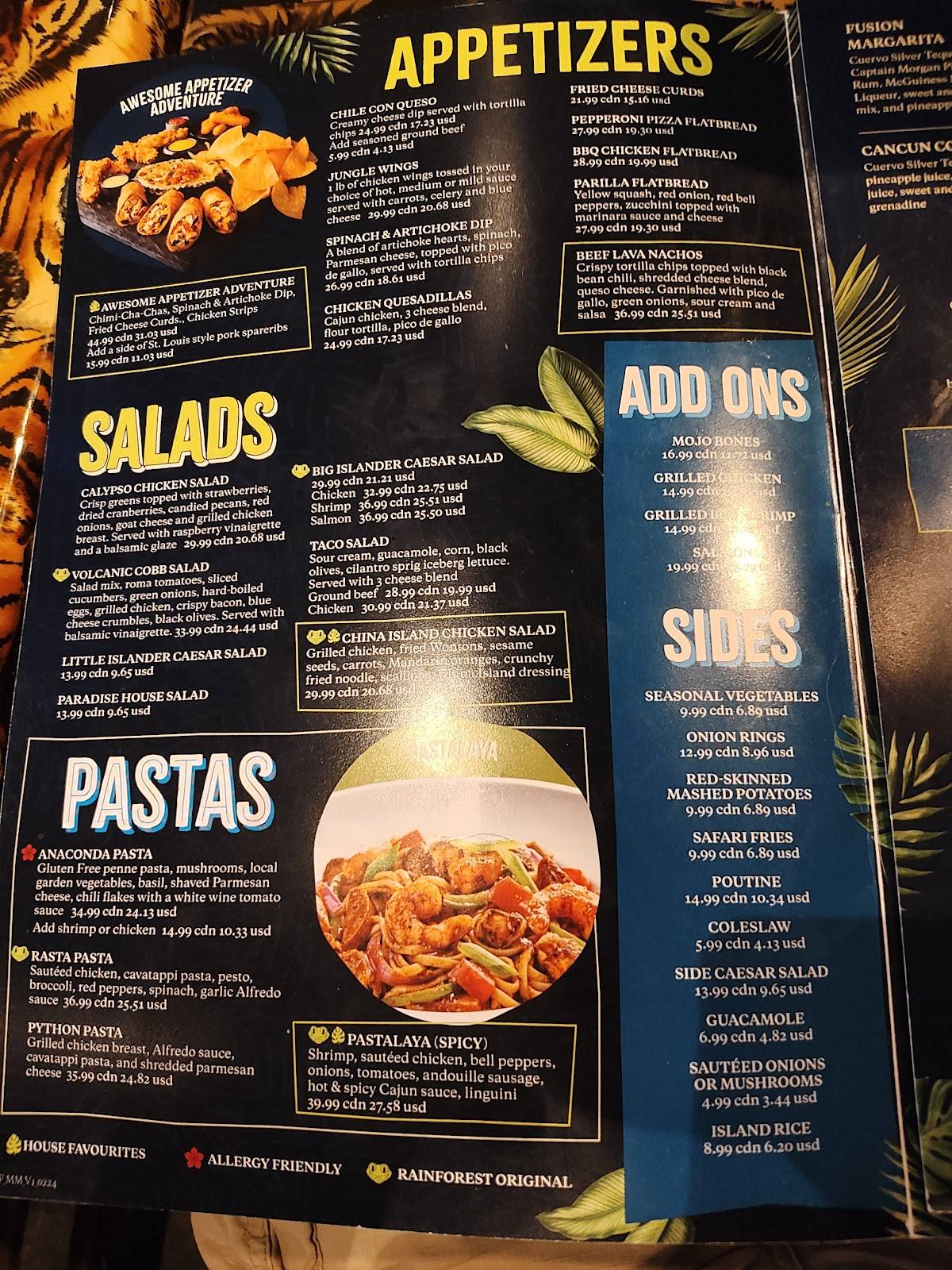 Menu at Rainforest Cafe Niagara Falls Canada, Niagara Falls, Clifton Hill