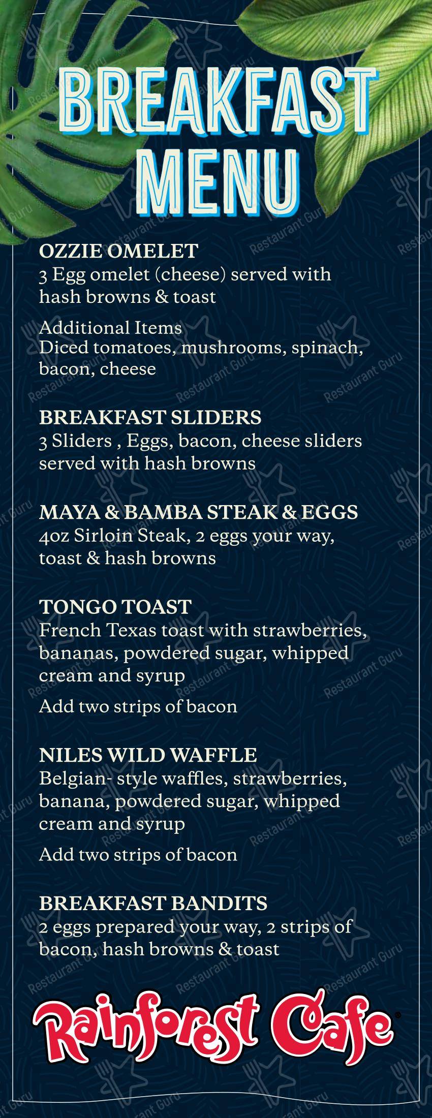 Menu at Rainforest Cafe Niagara Falls Canada, Niagara Falls, Clifton Hill
