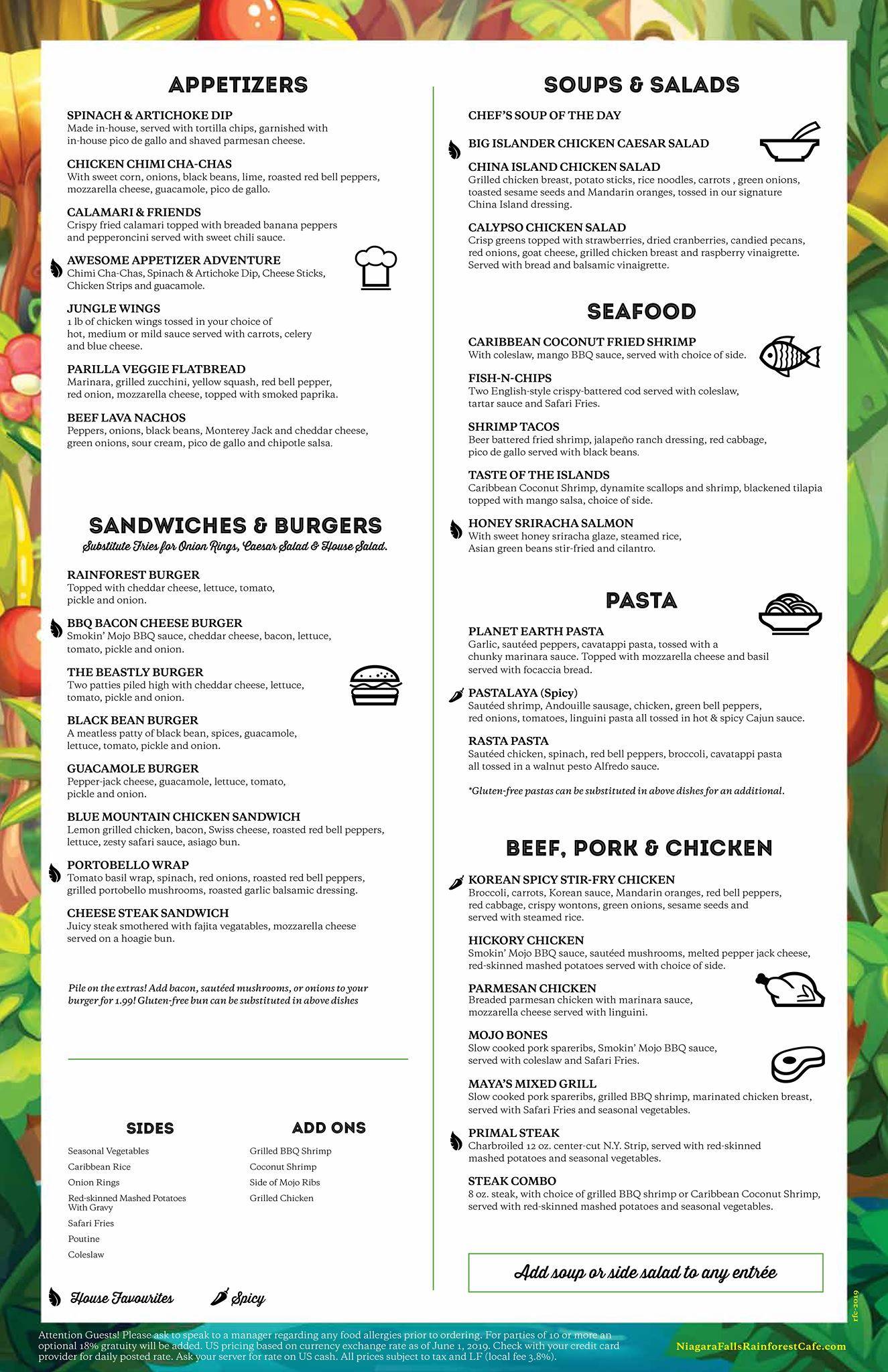Menu at Rainforest Cafe Niagara Falls Canada, Niagara Falls, Clifton Hill