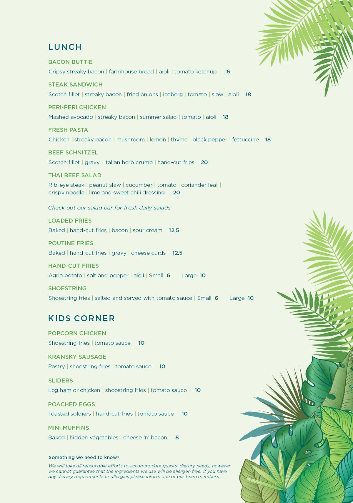 Menu at Rainforest Eatery cafe, New Zealand