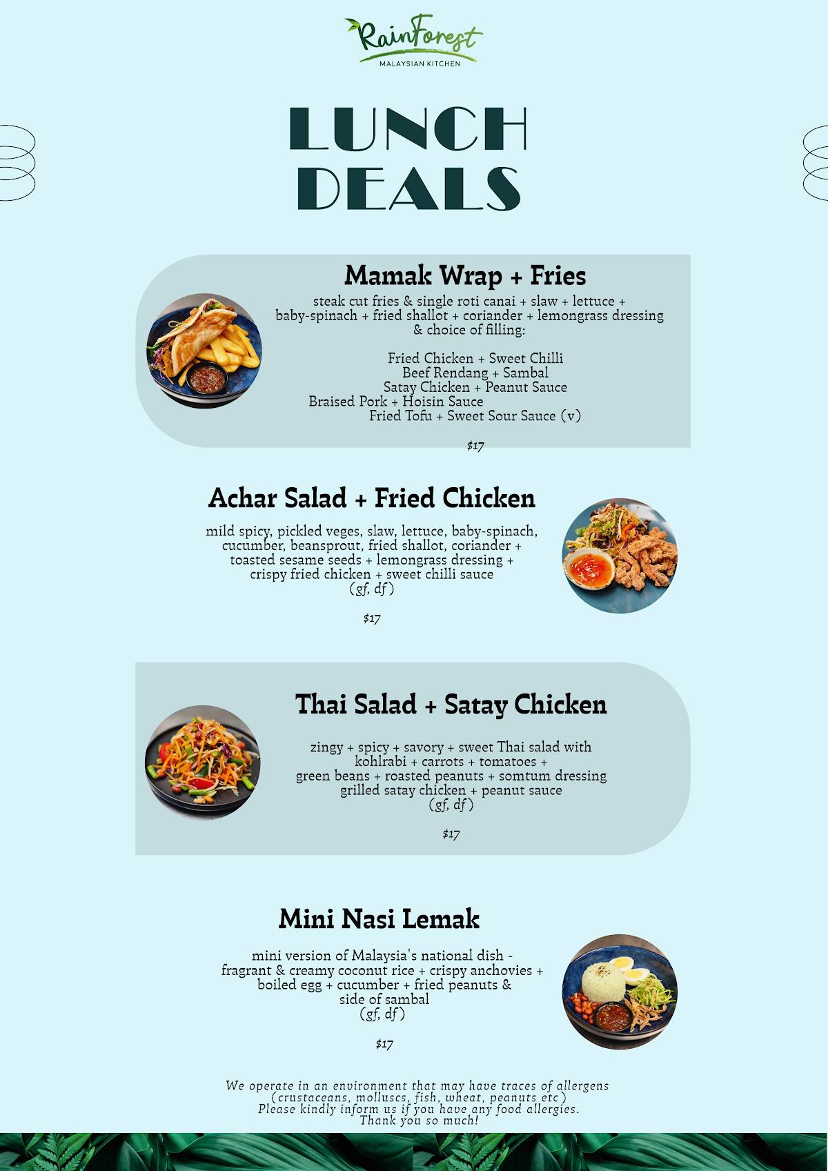 Menu at Rainforest Malaysian Kitchen restaurant, Hamilton