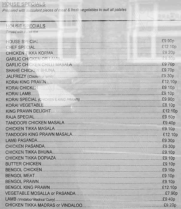 Menu at Raja Tandoori restaurant, Caterham, 4 High St
