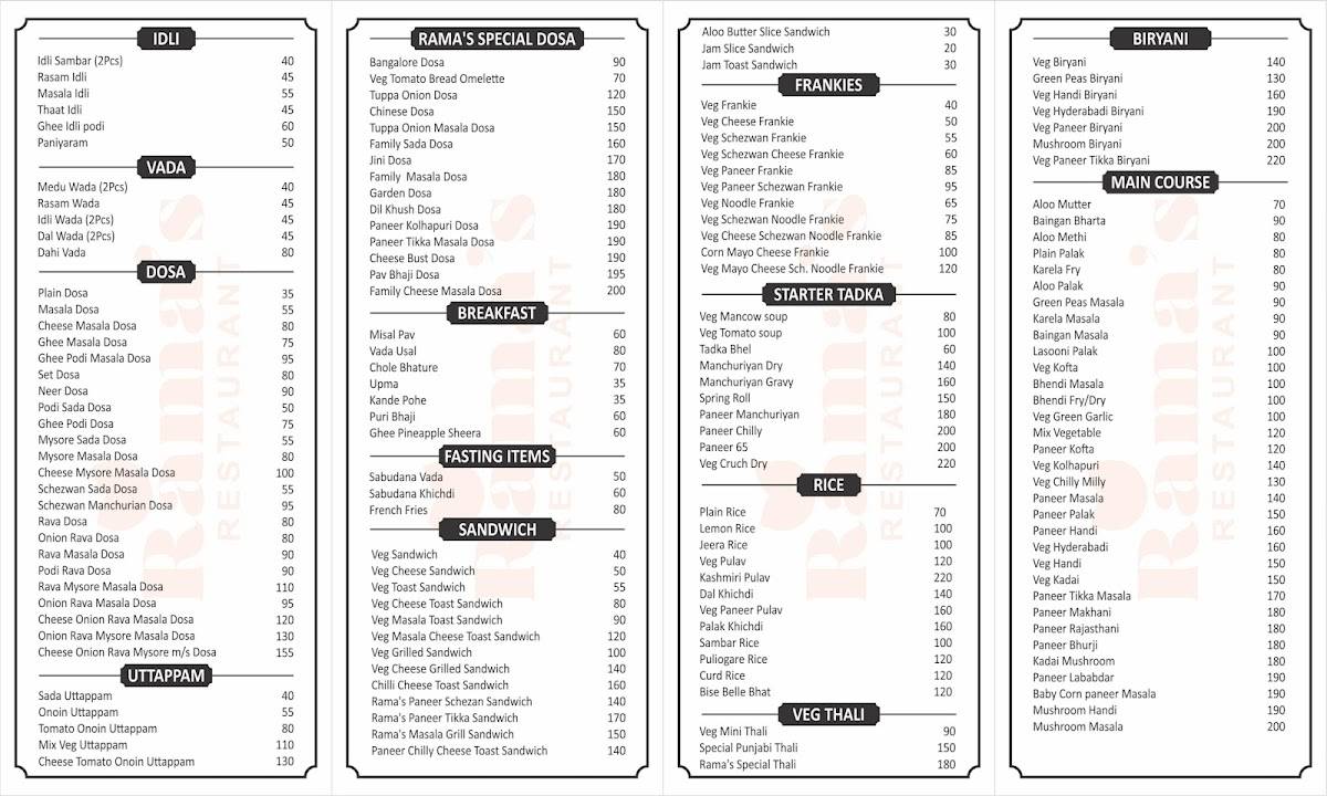 Menu at Rama’s Cafe, Mumbai