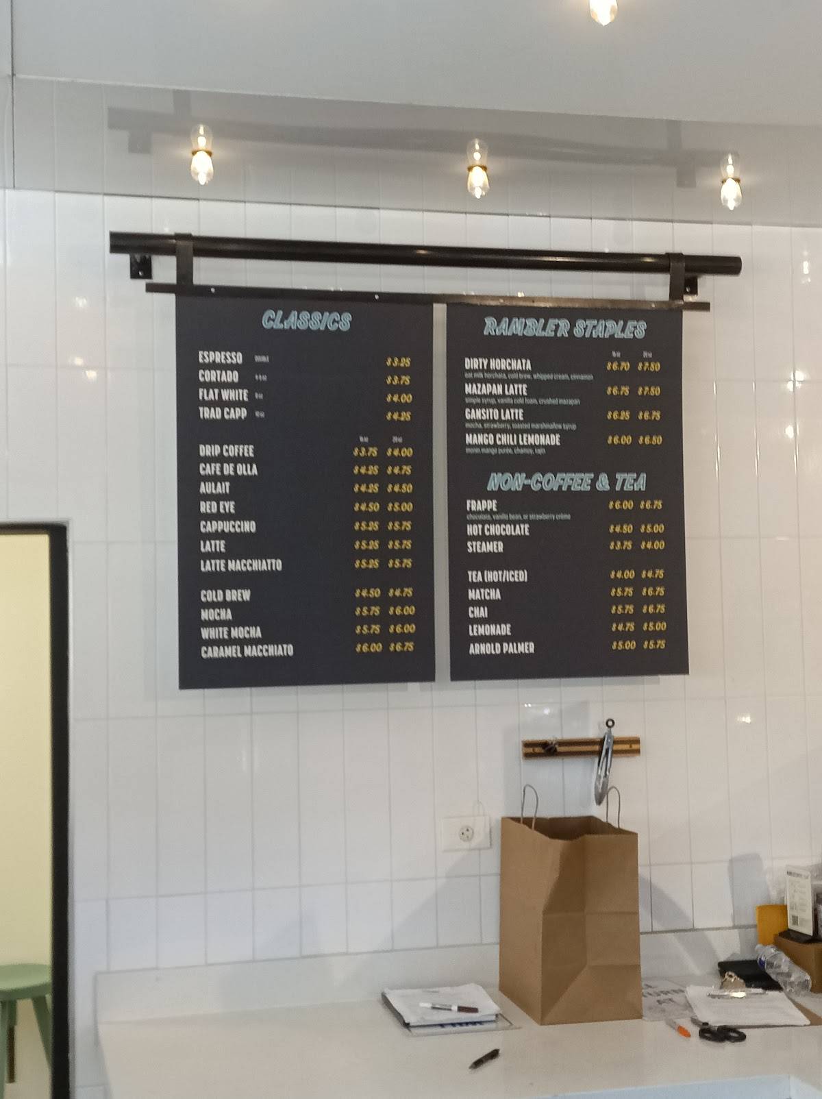 Menu at Rambler Coffee cafe, Chula Vista