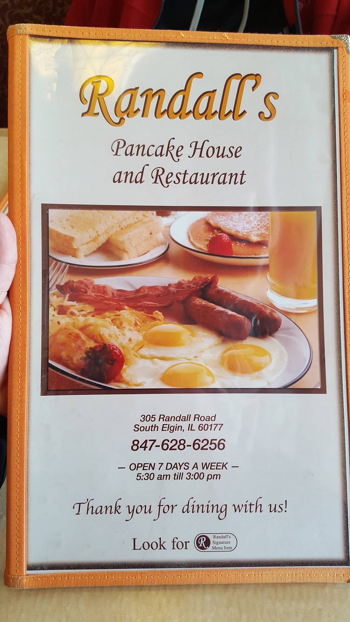 Menu at Randall's Pancake House restaurant, South Elgin
