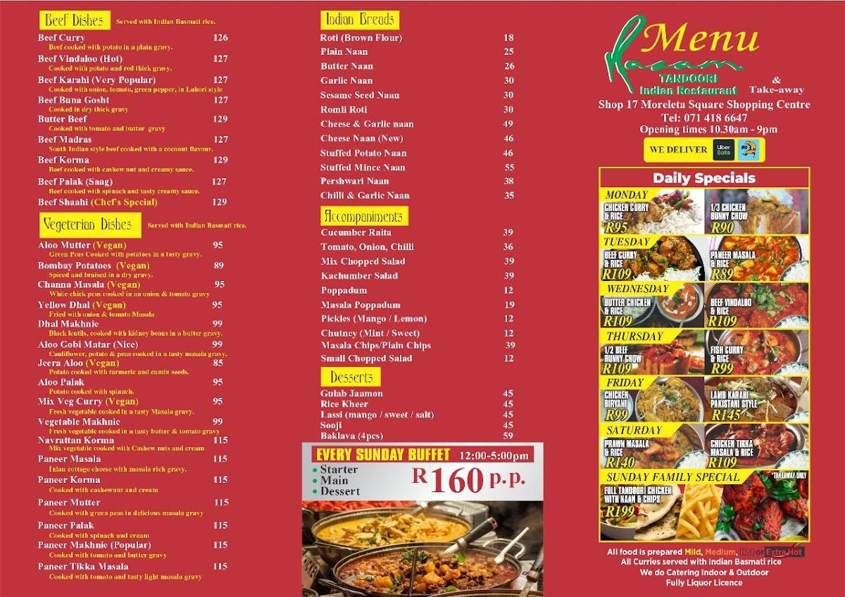 Menu at Rasam Tandoori Indian Restaurant & Takeaway @ moreleta park ...