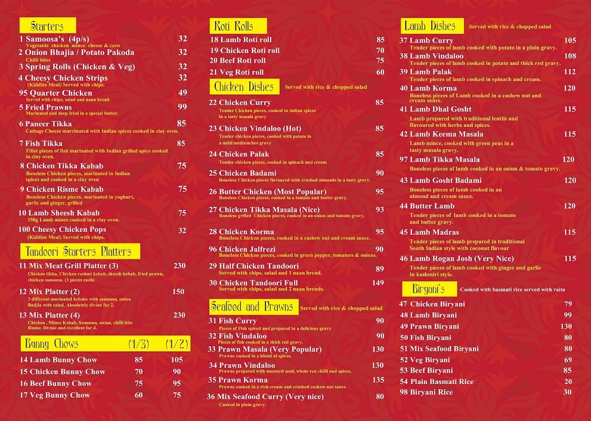 Menu at Rasam Tandoori Indian Restaurant & Takeaway @ moreleta park ...