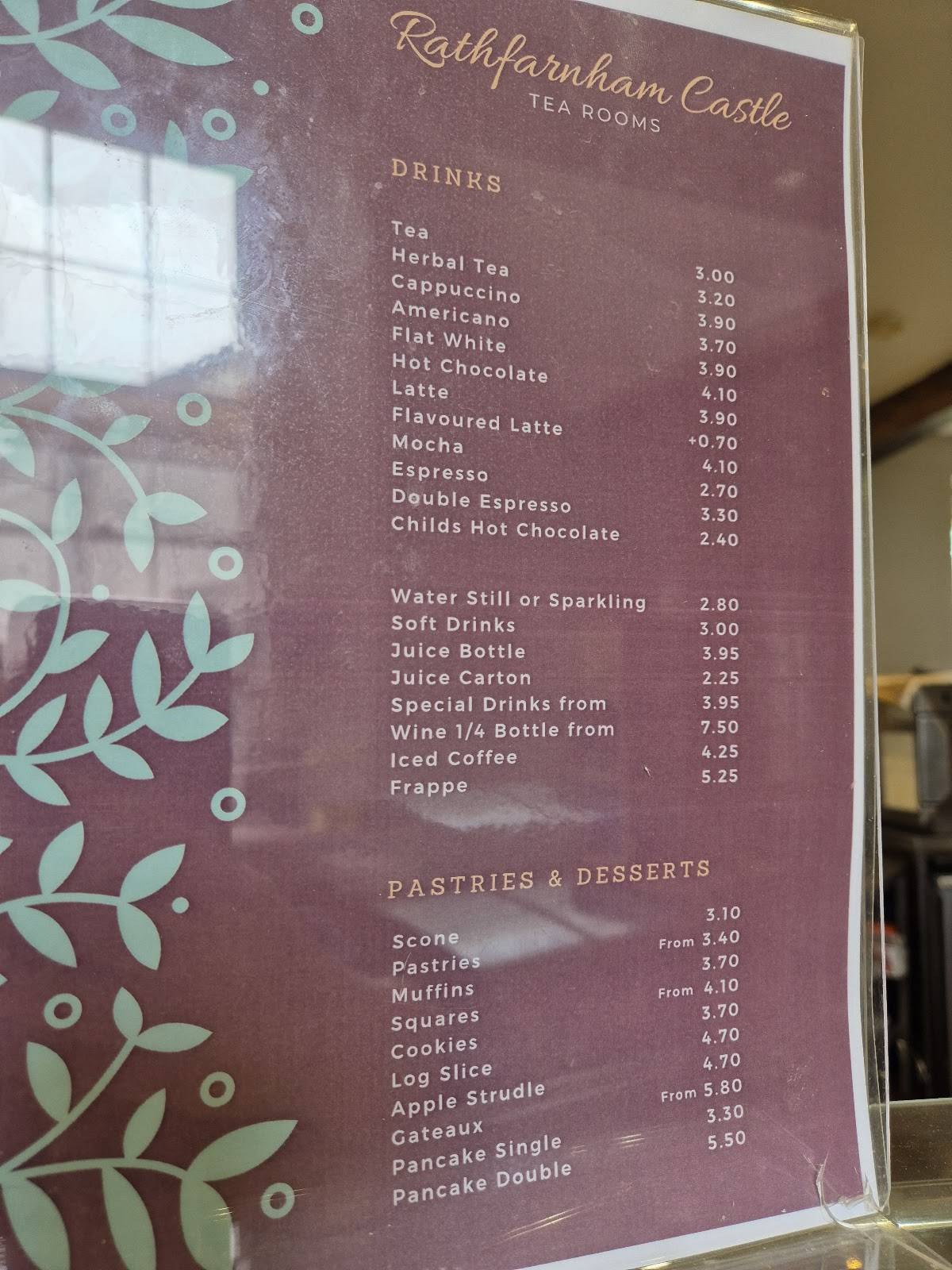 Menu at Rathfarnham Castle Cafe, Dublin, 153 Rathfarnham Rd
