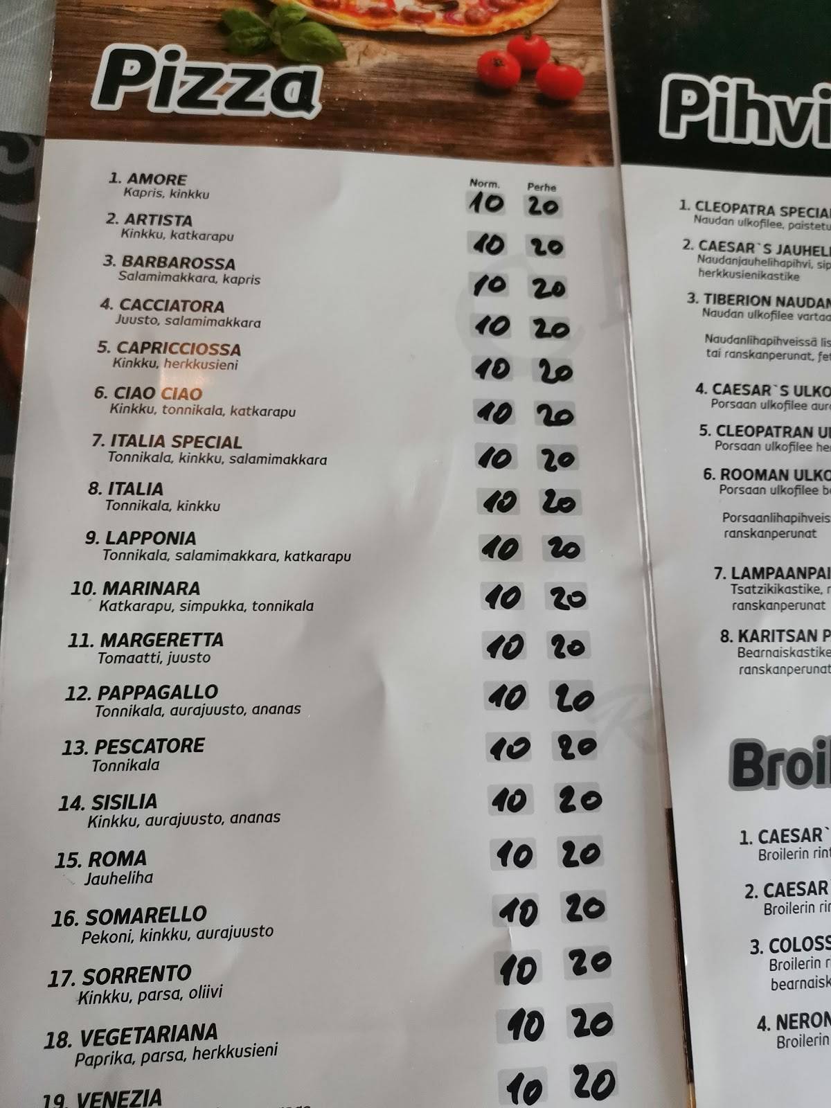 Menu at Ravintola Caesars restaurant, Kuopio, Tulliportinkatu 25