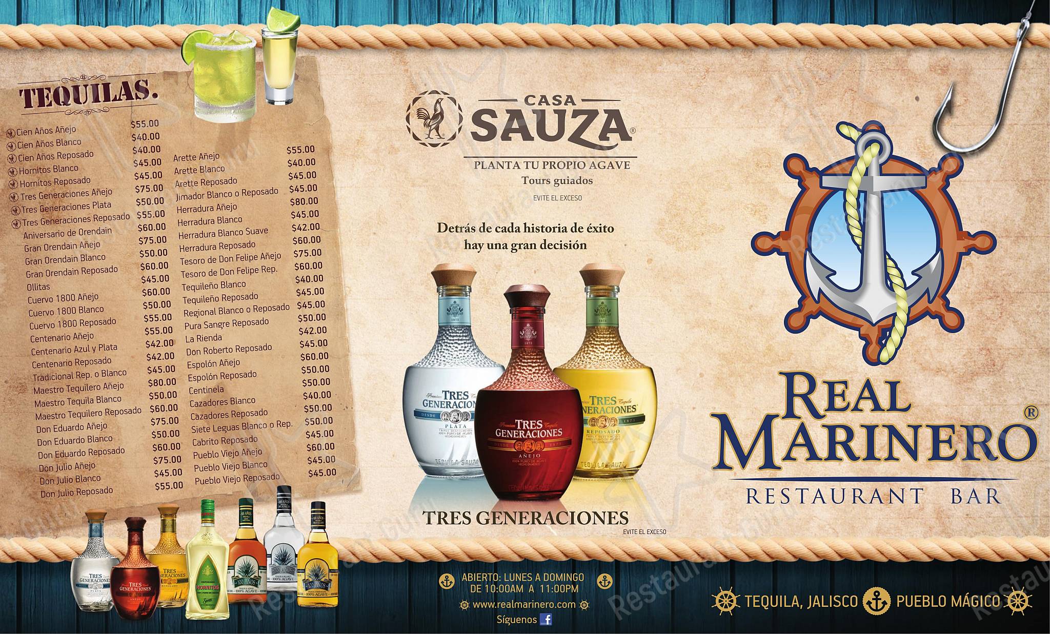 Carta del restaurante Real Marinero, Tequila, Juárez 92
