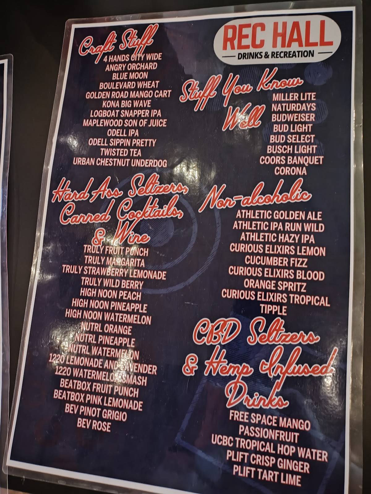 Menu at Rec Hall STL pub & bar, Saint Charles