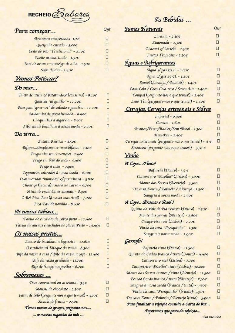 Menu at Recheio De Sabores restaurant, Lisbon