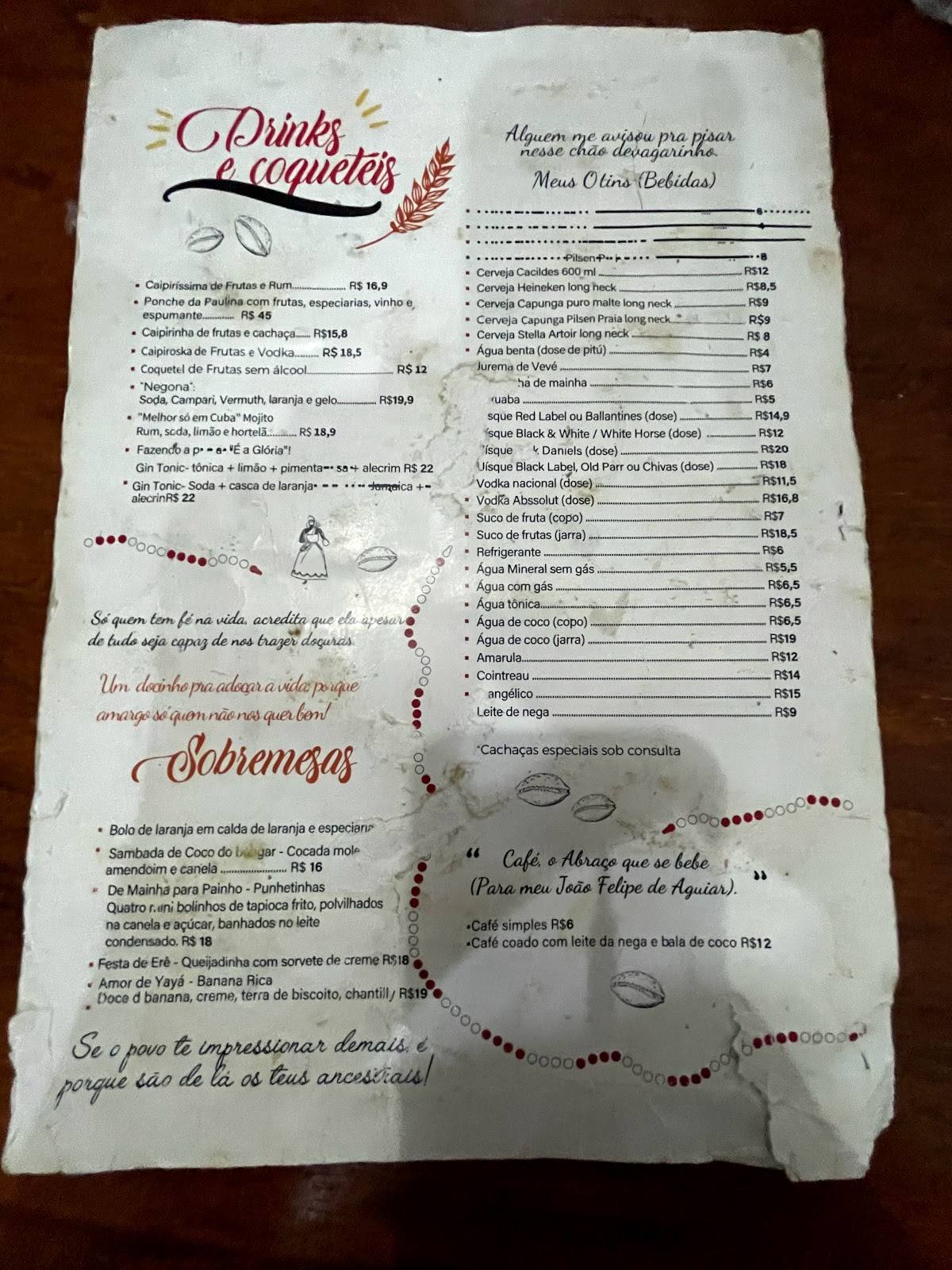 Menu em Altar Cozinha Ancestral - Recife restaurante, Recife