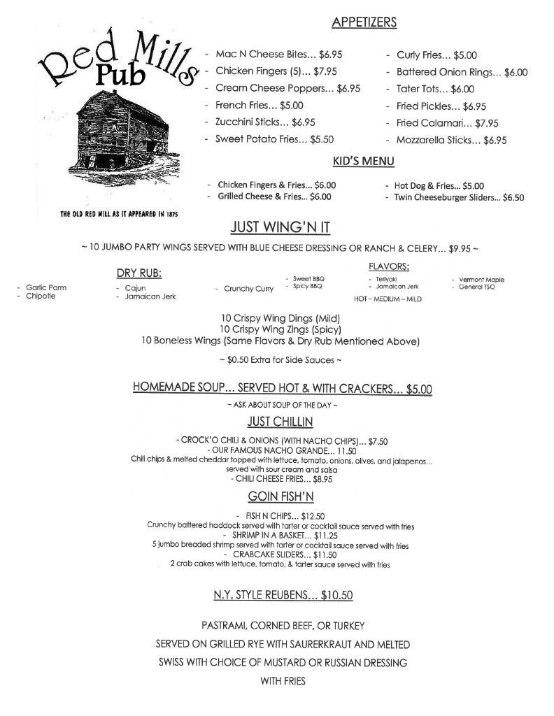 Menu at Red Mills Pub, Mahopac, 575 NY-6N