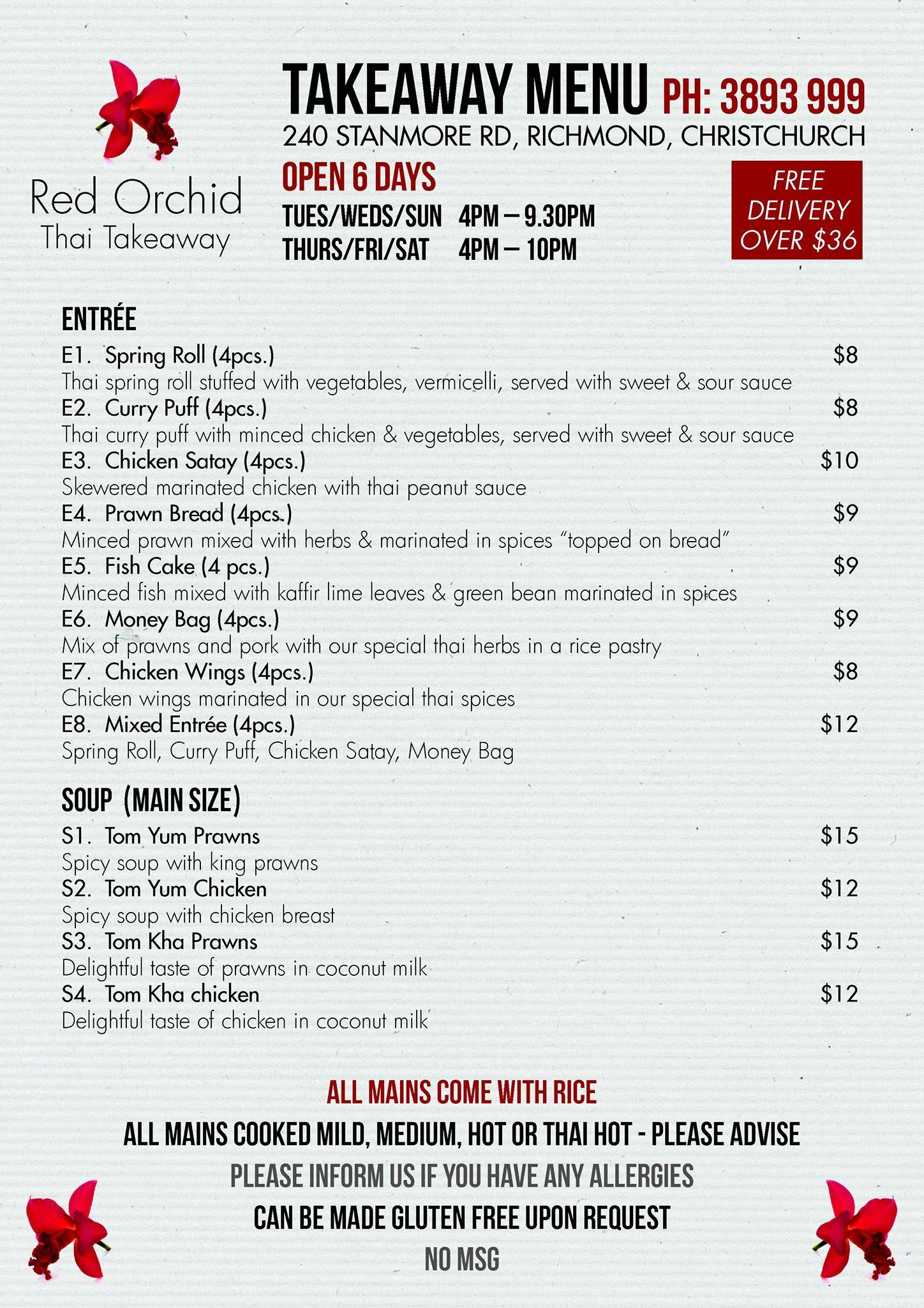 Menu at Red Orchid Thai Takeaway restaurant, Christchurch