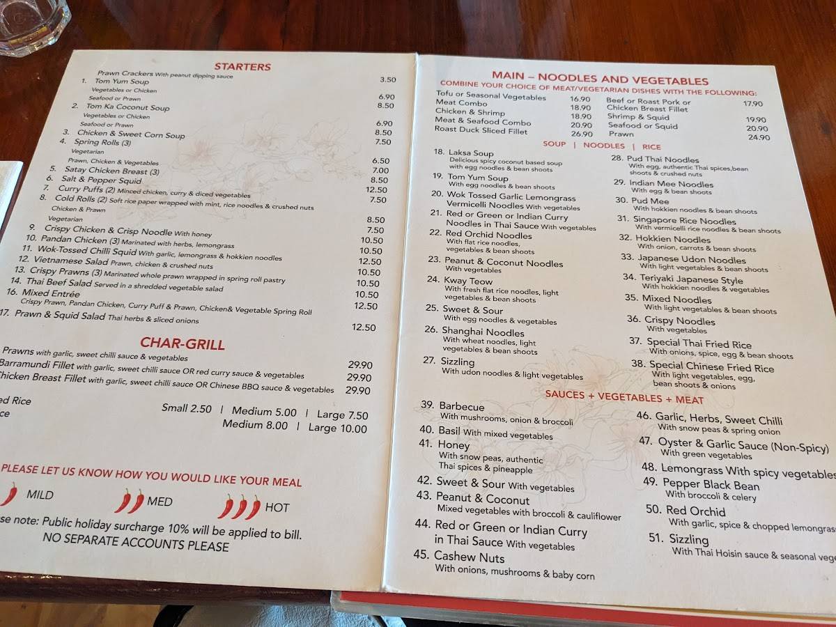 Menu at Red Orchid restaurant, Victor Harbor