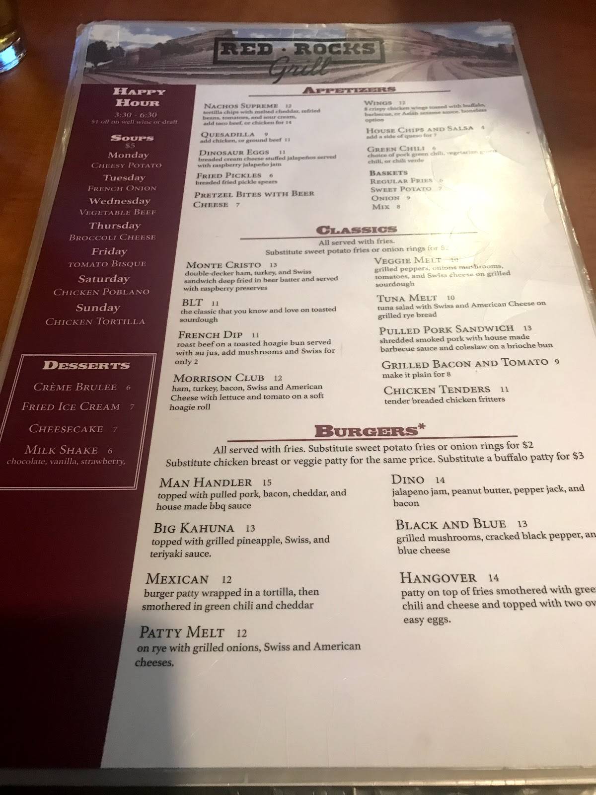 Menu at Red Rocks Grill pub & bar, Morrison