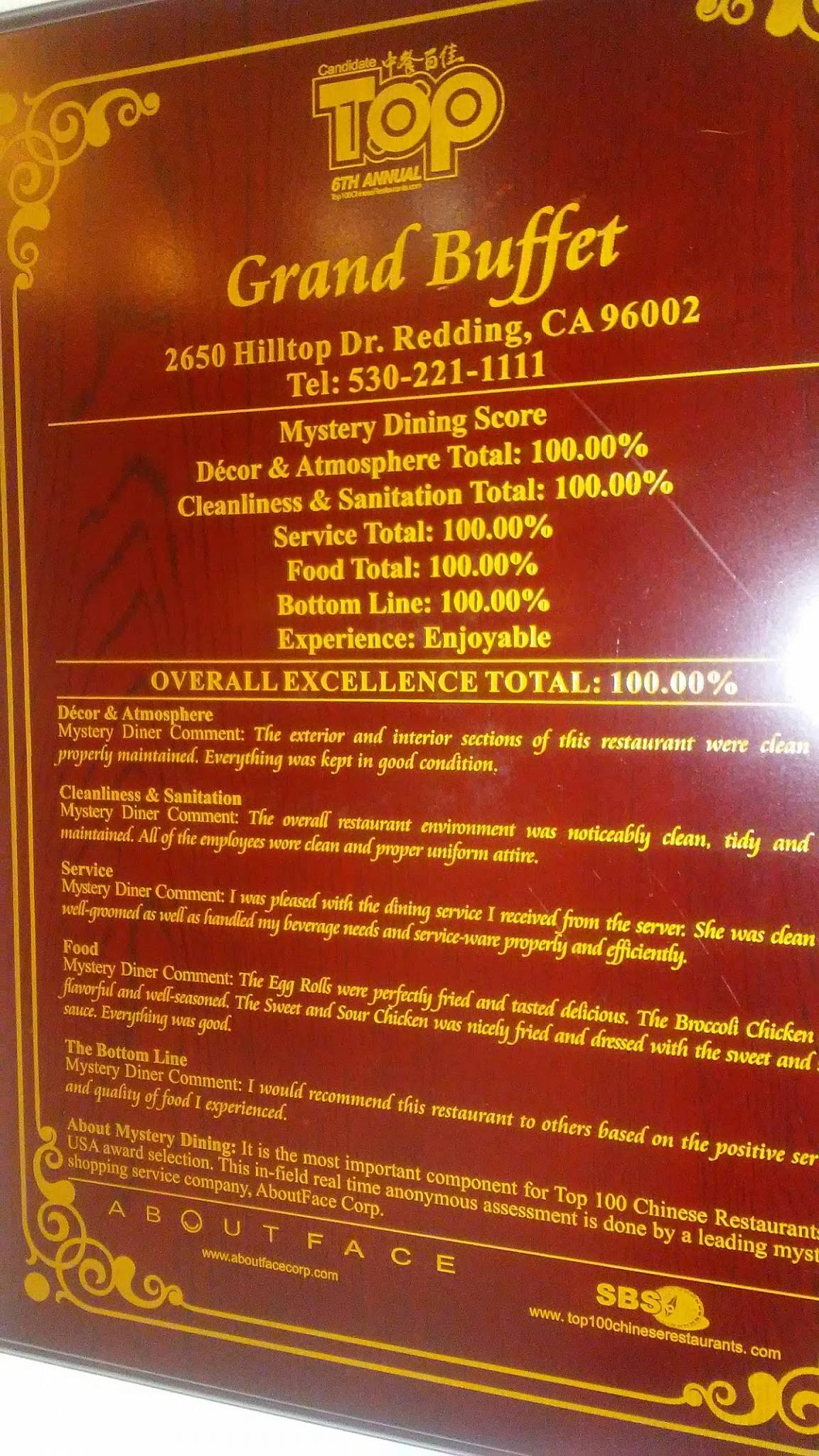 Menu at Grand Buffet restaurant, Redding