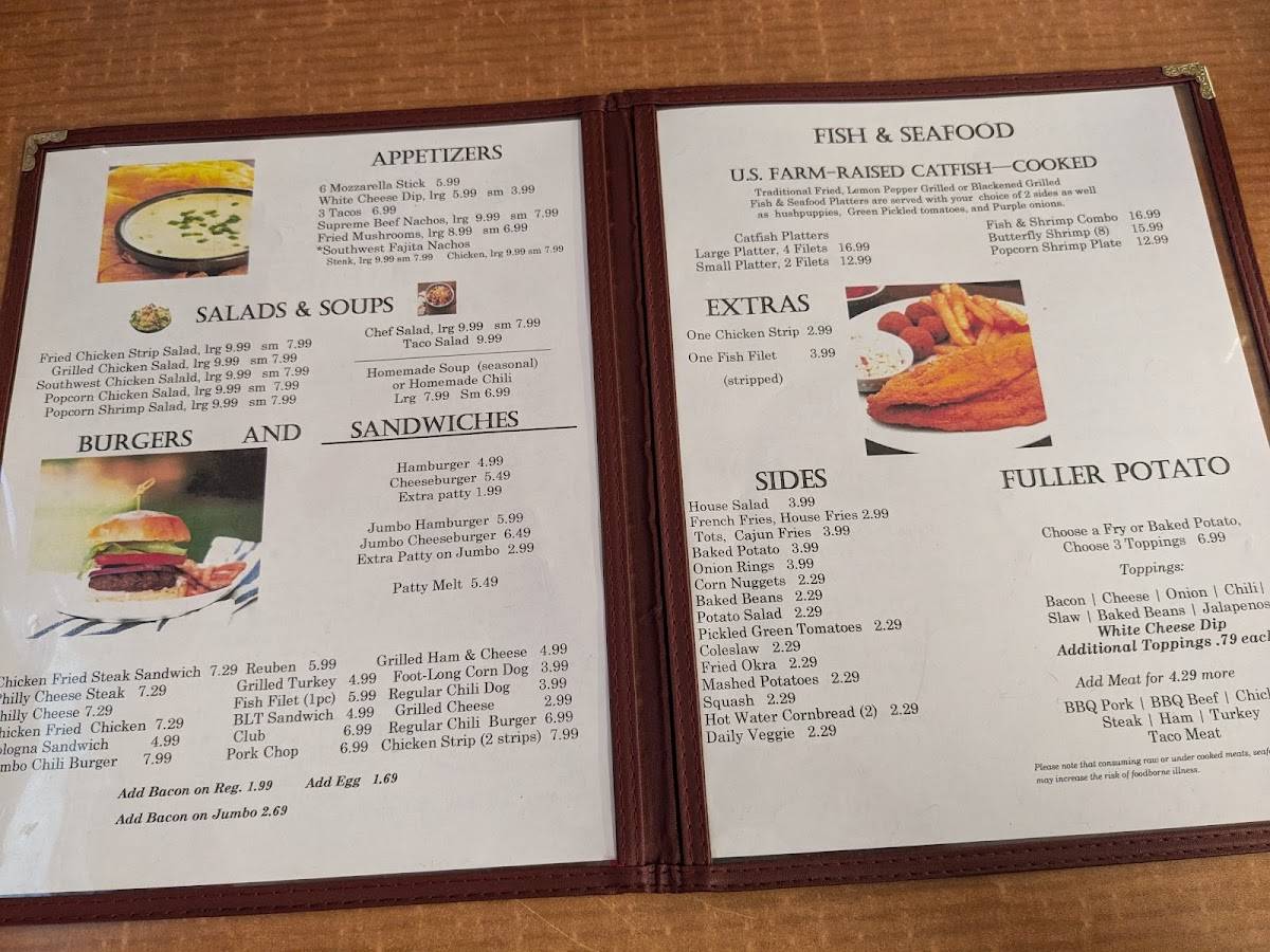 Menu at Red's Restaurant, Fordyce, US-79 BY