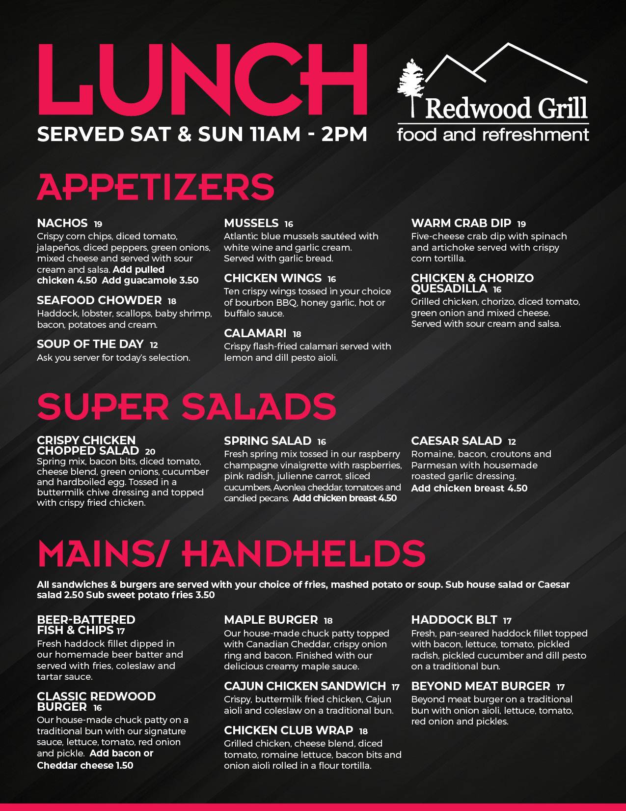 Menu at Redwood Grill restaurant, Halifax