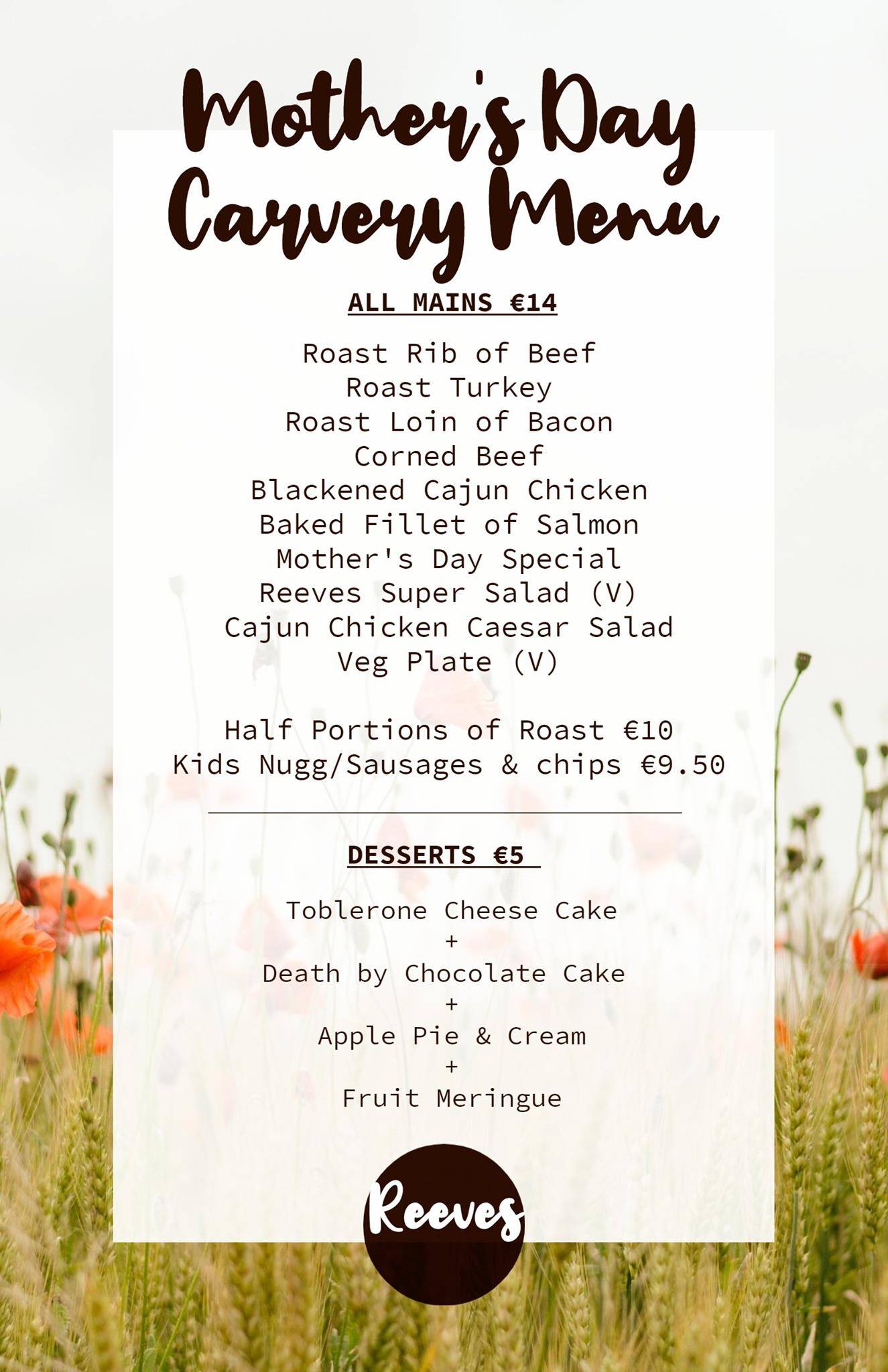 Menu at Reeves restaurant, Dublin, 172 Templeogue Rd