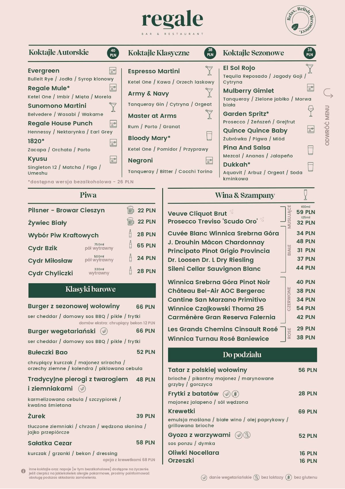 Menu at Regale Bar & Restaurant, Kraków