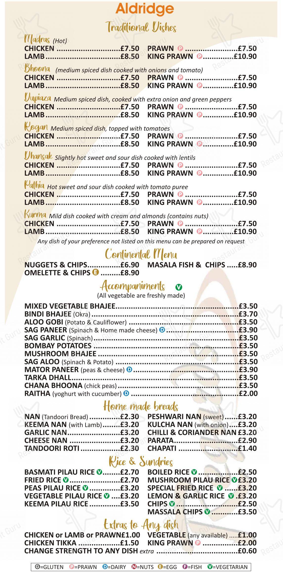Menu at Regards Aldridge restaurant, Walsall, 47 Anchor Rd