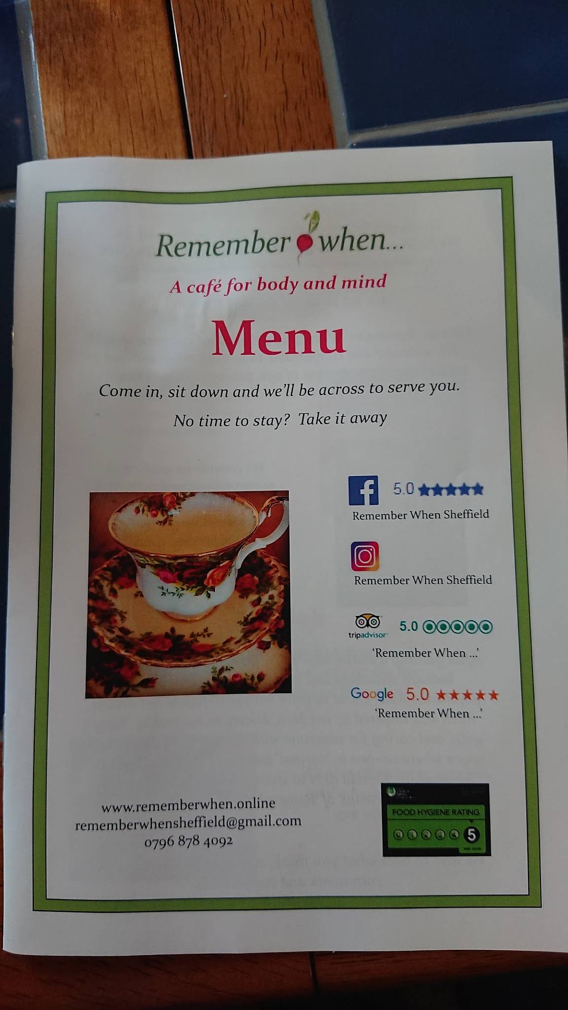 Menu at Remember When... cafe, Sheffield