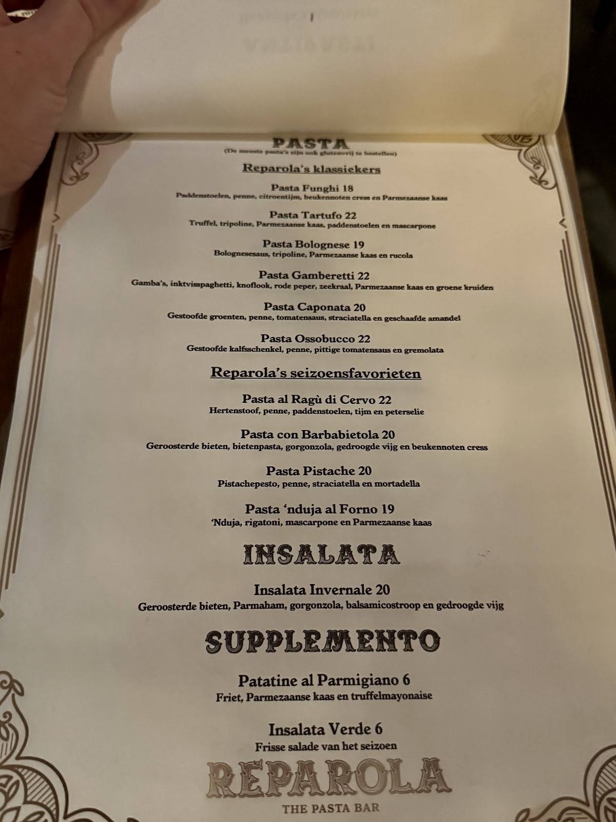 Menu at Reparola -the pasta bar-, Breda