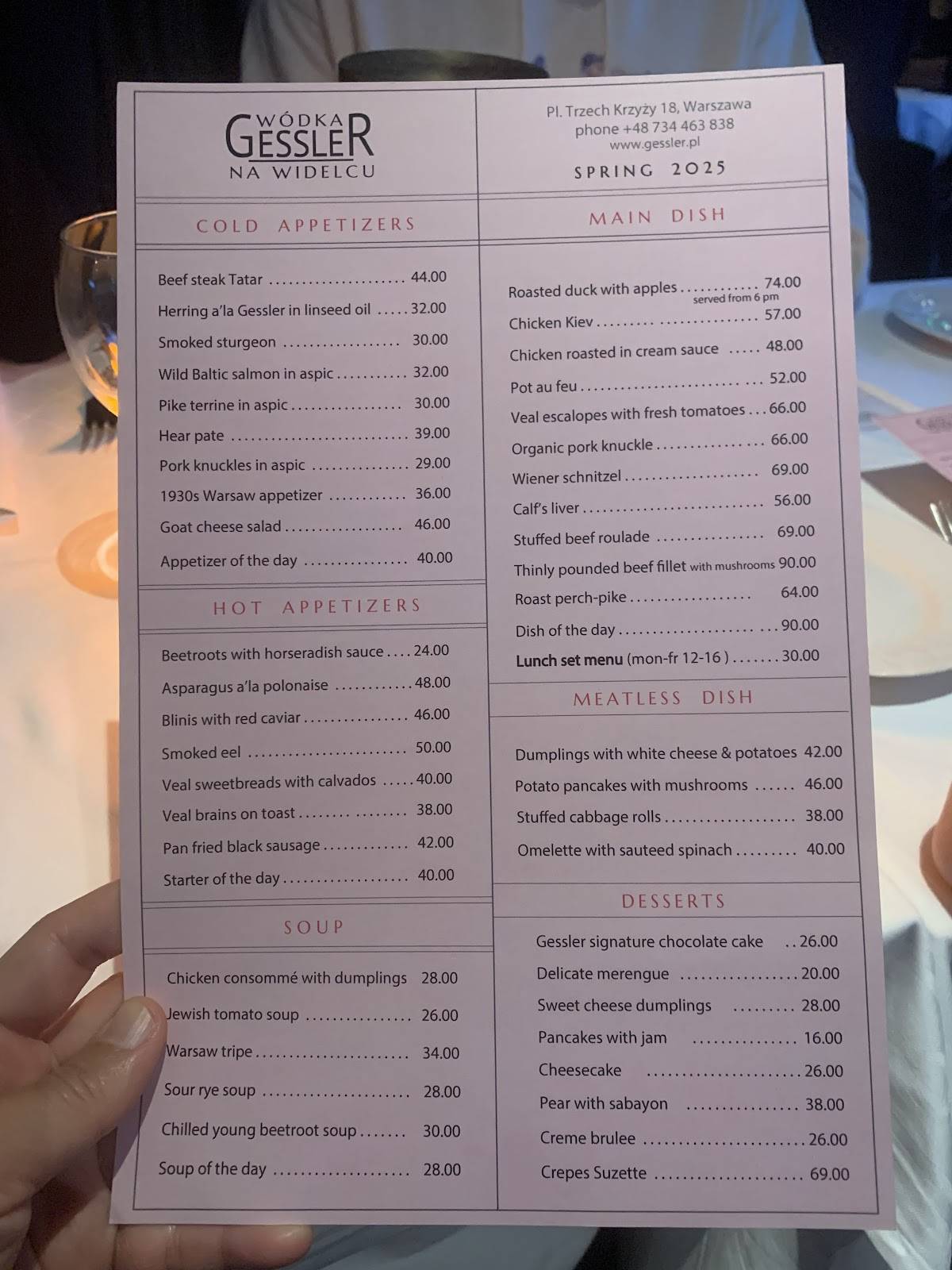 Menu at Restauracja Wódka Gessler Na Widelcu restaurant, Warsaw