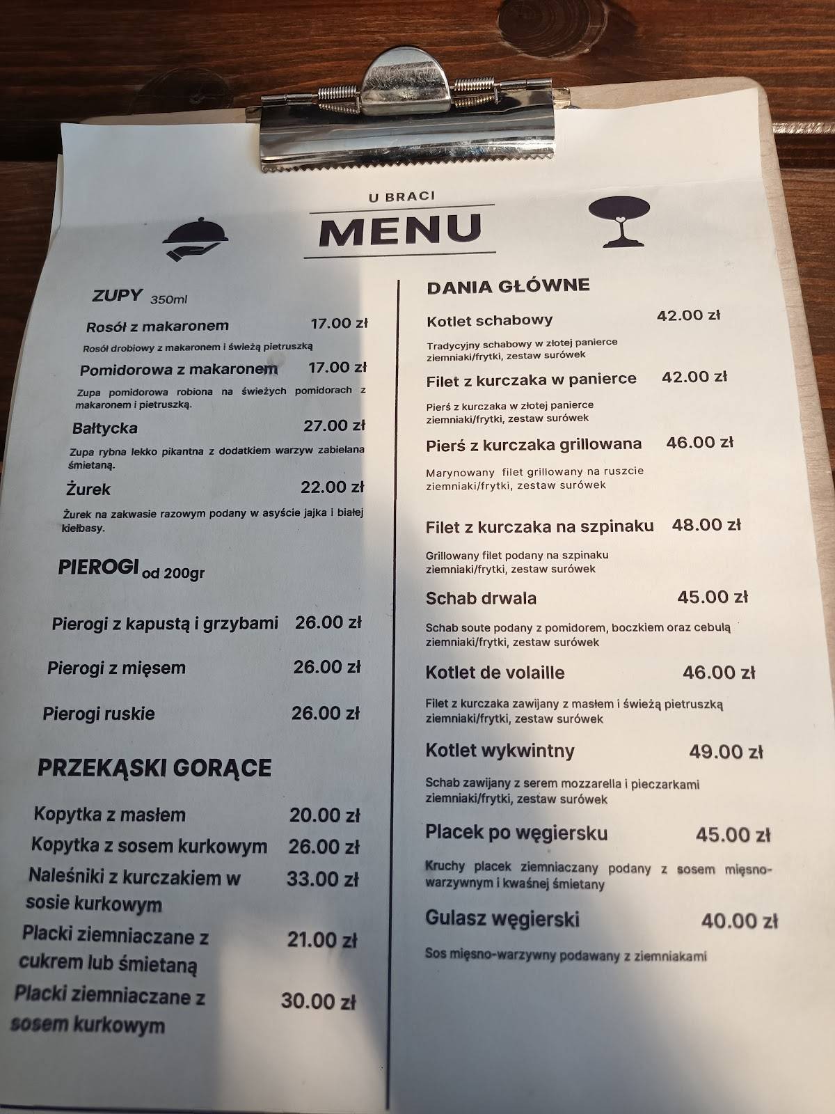 Menu at Restauracja u Braci restaurant, Jarosławiec