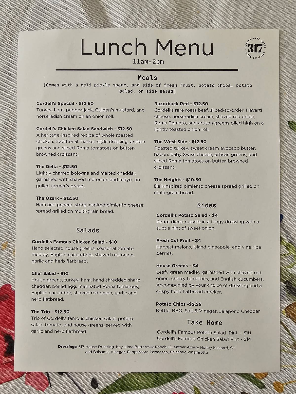 Menu at 317 Coffee & Cafe, Little Rock
