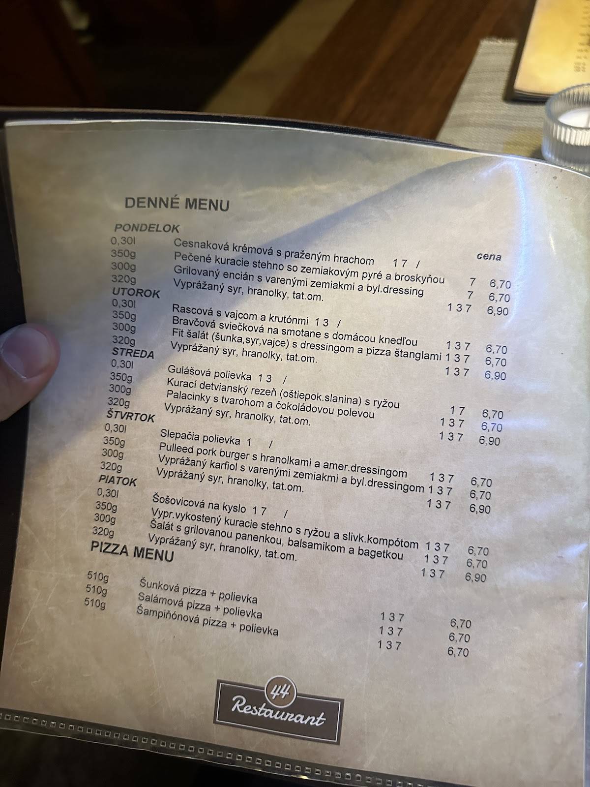 Menu at 44 restaurant, Bratislava, Vajnorská 56/44