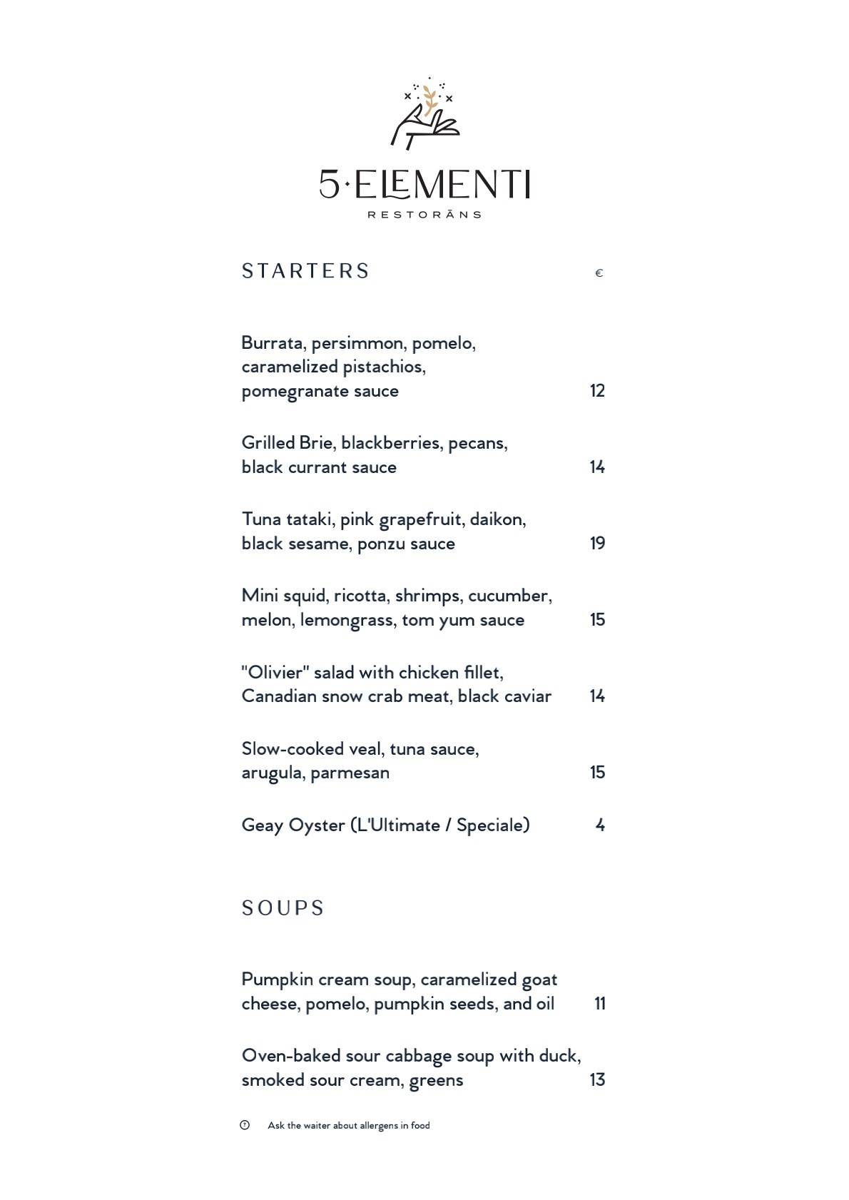 Speisekarte von 5 elementi, Restorāns restaurant, Riga