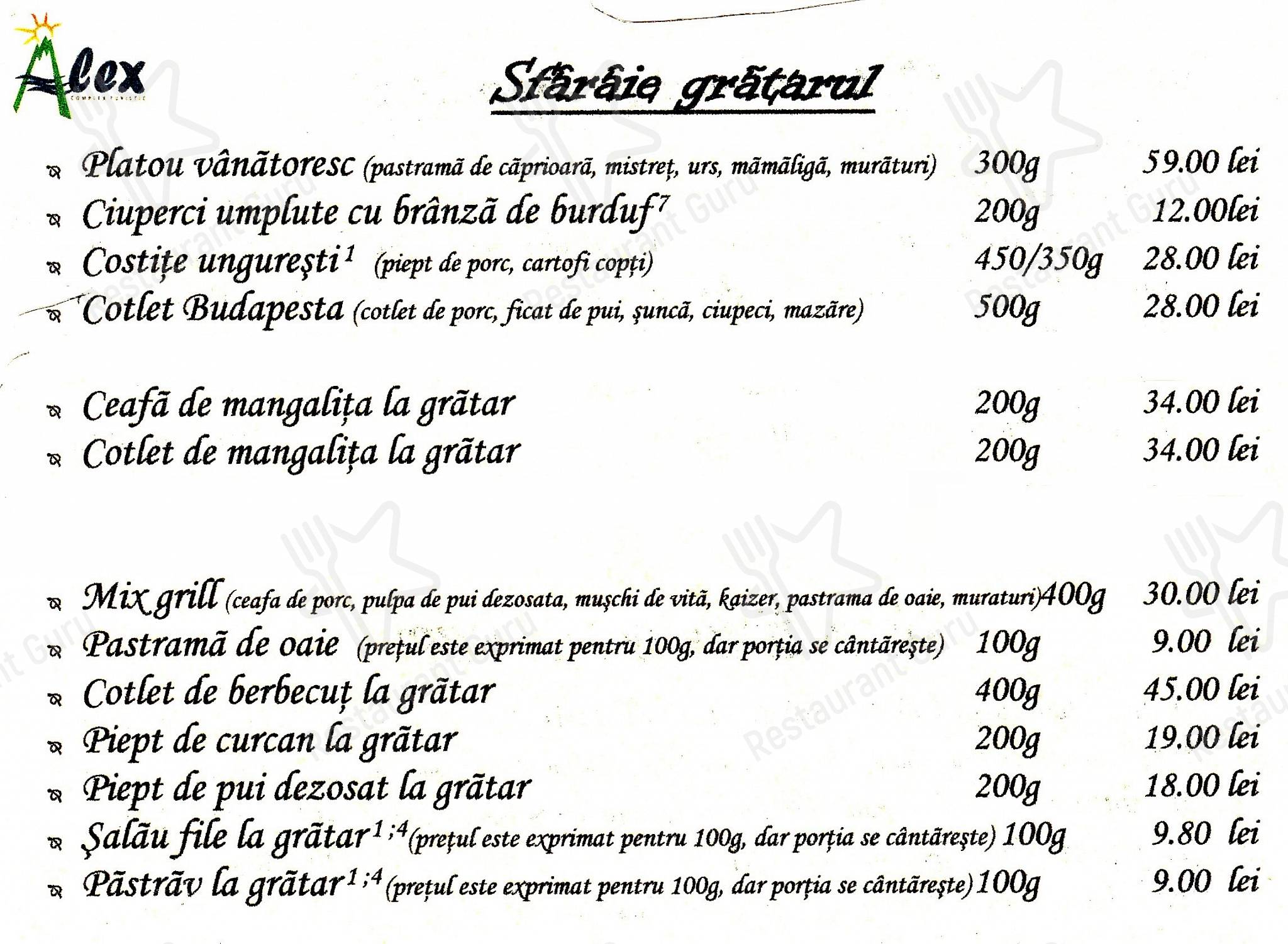 Menu at Pensiunea Alex, Sinaia
