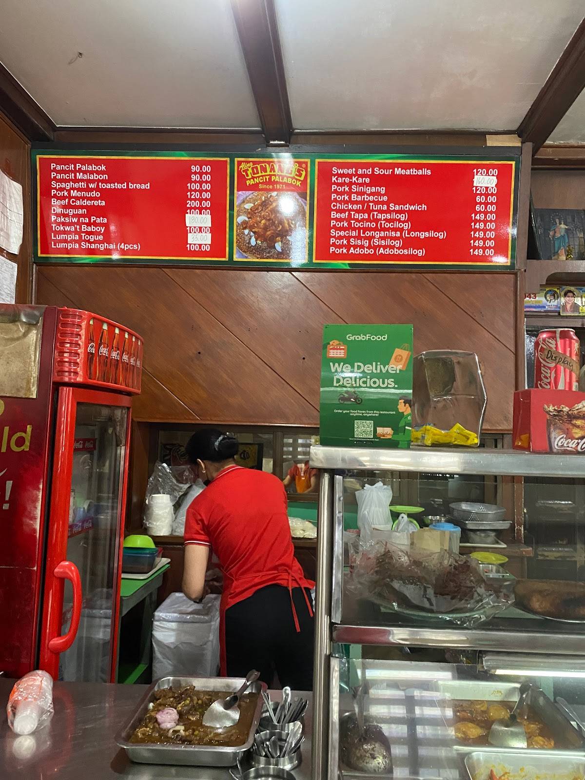 Menu at Aling Tonang's Palabok restaurant, Mandaluyong