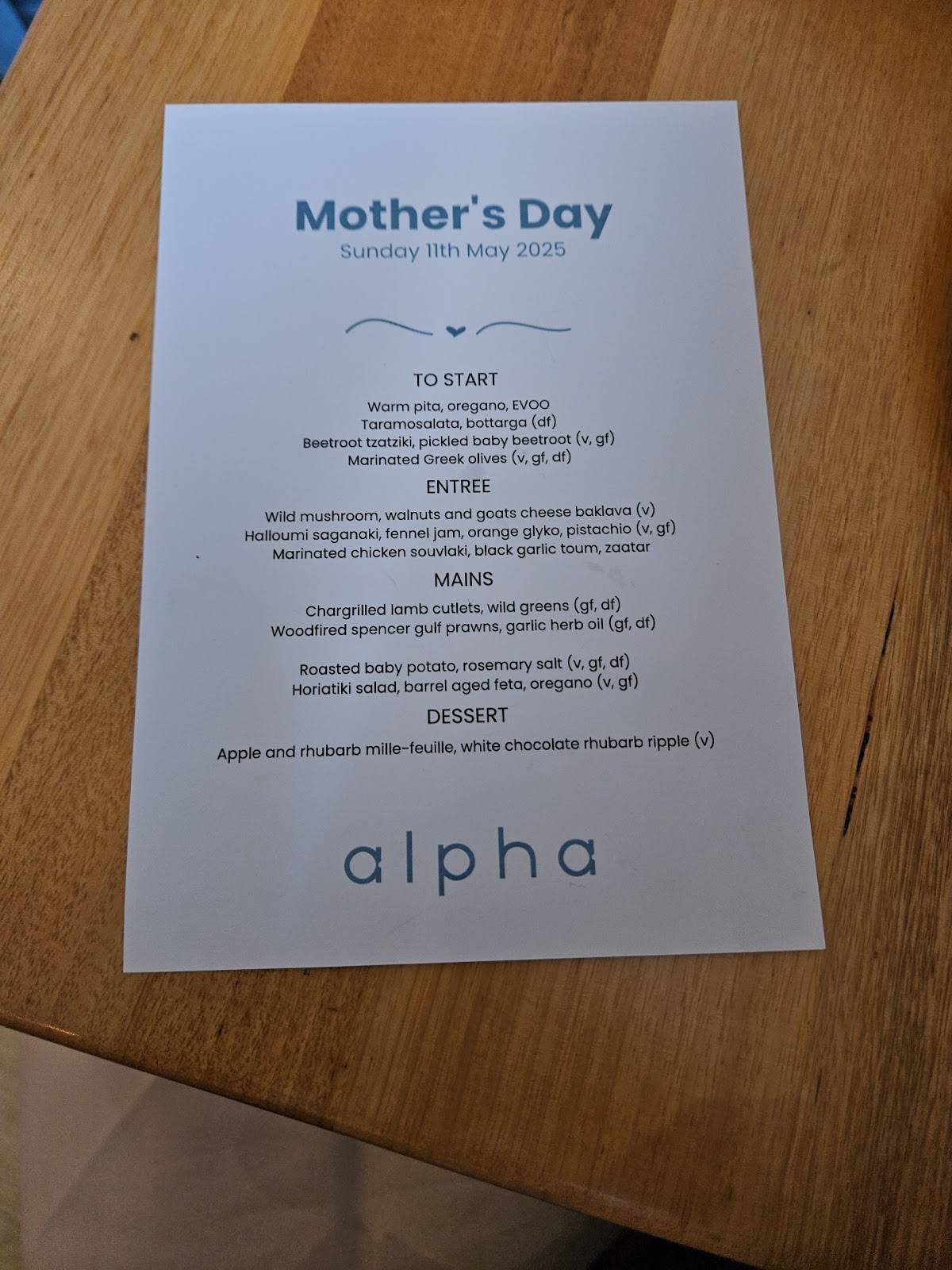 Menu at Alpha Dining restaurant, Sydney